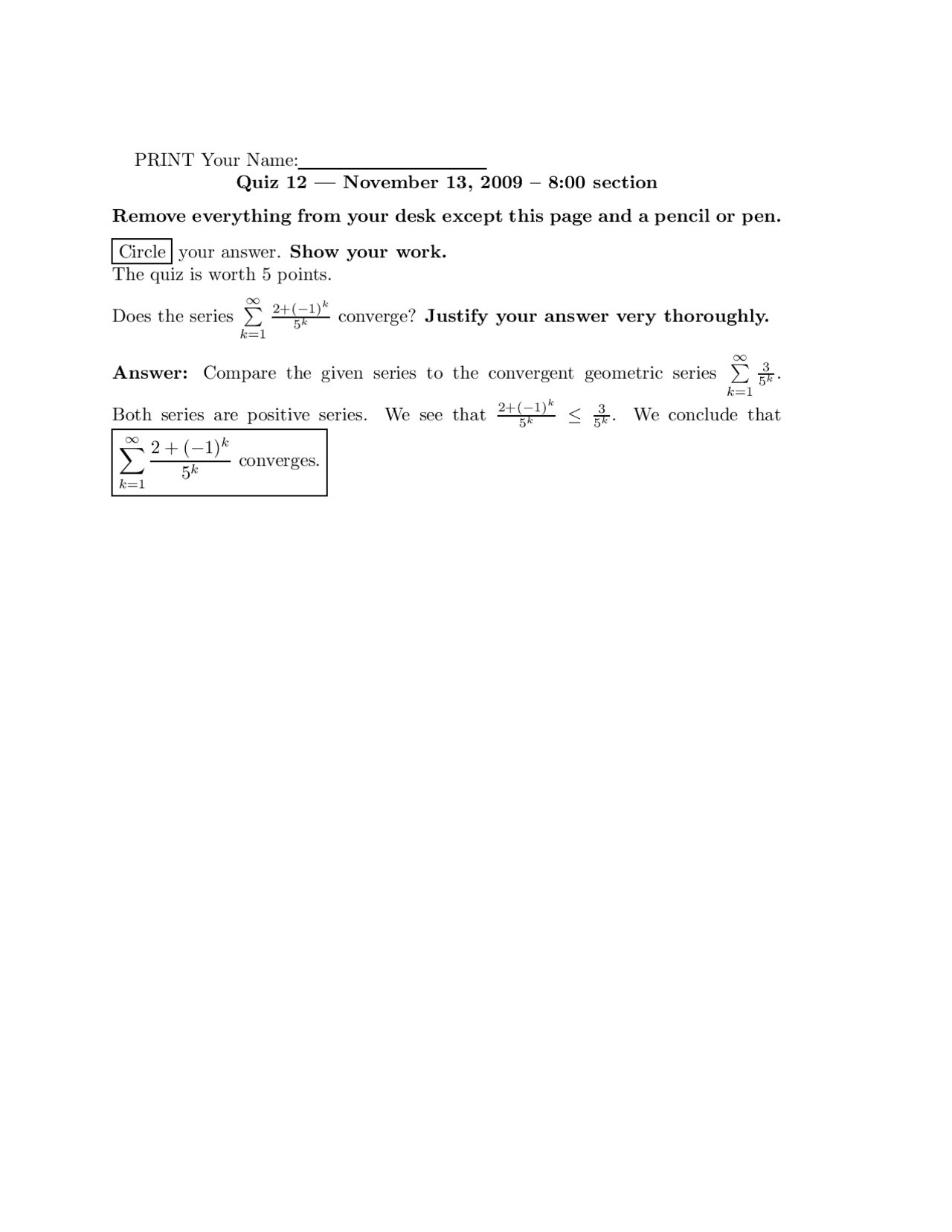 Quiz 12 With Answer Key Calculus Ii Math 142 Docsity