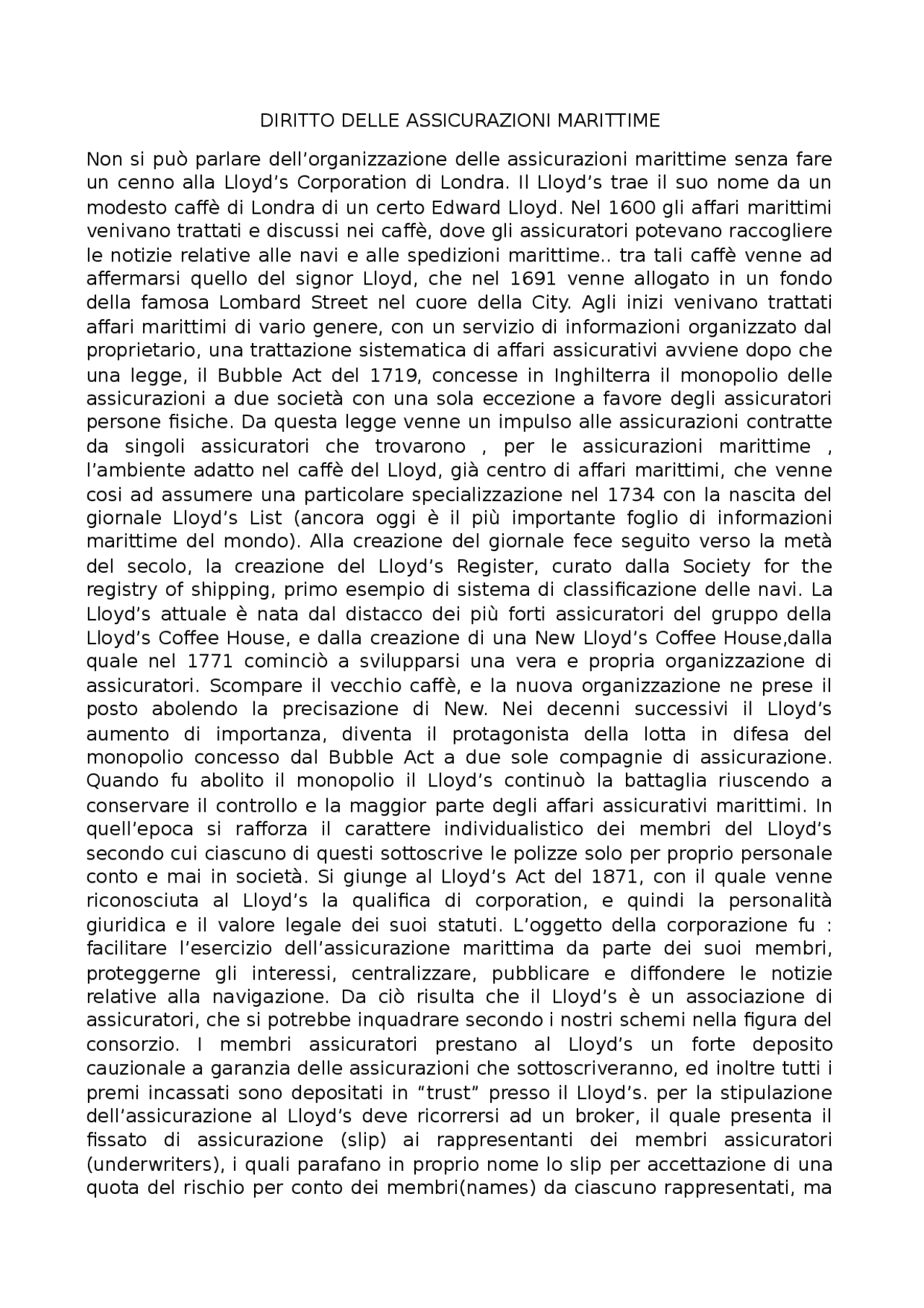 Riassunto Di Diritto Delle Assicurazioni Marittime Docsity