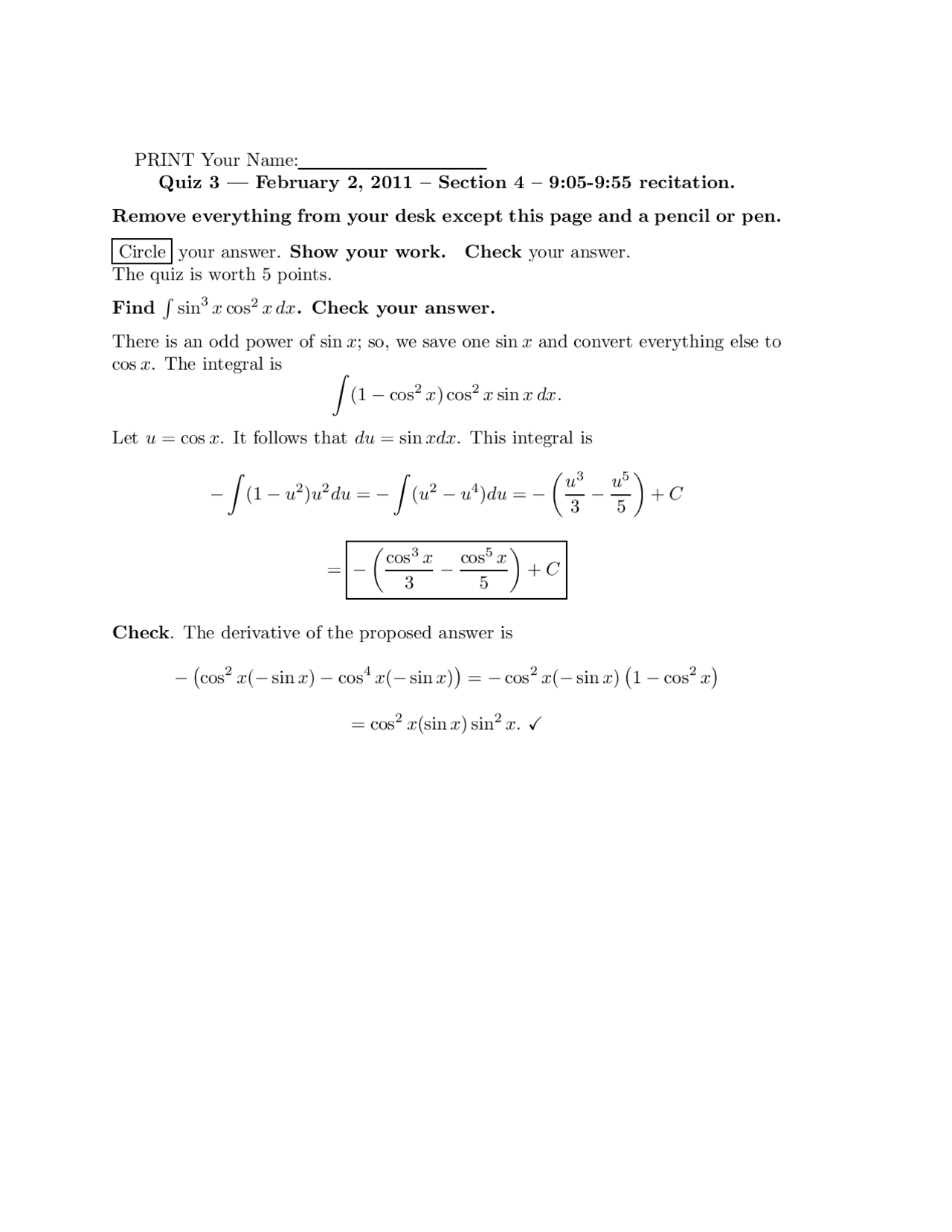Quiz 3 With Answer Key Calculus Ii Fall 2011 Math 142 Docsity