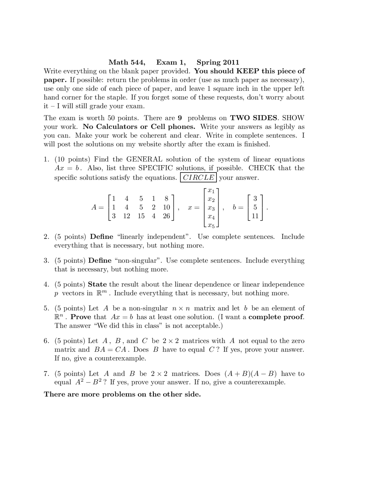 9 Questions On Linear Algebra Test I Math 544 Docsity