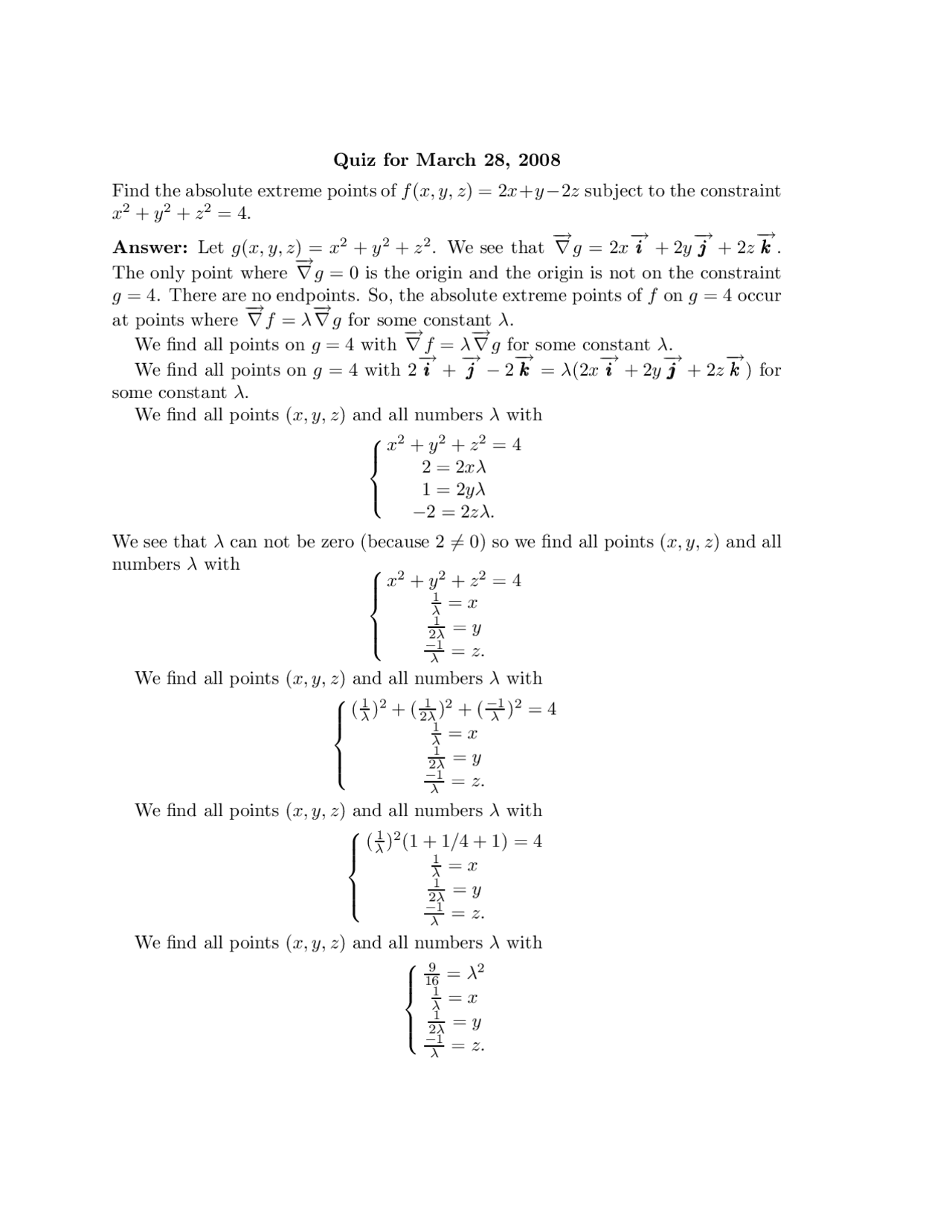 Vector Calculus Quiz 8 With Answer Key Math 241 Docsity