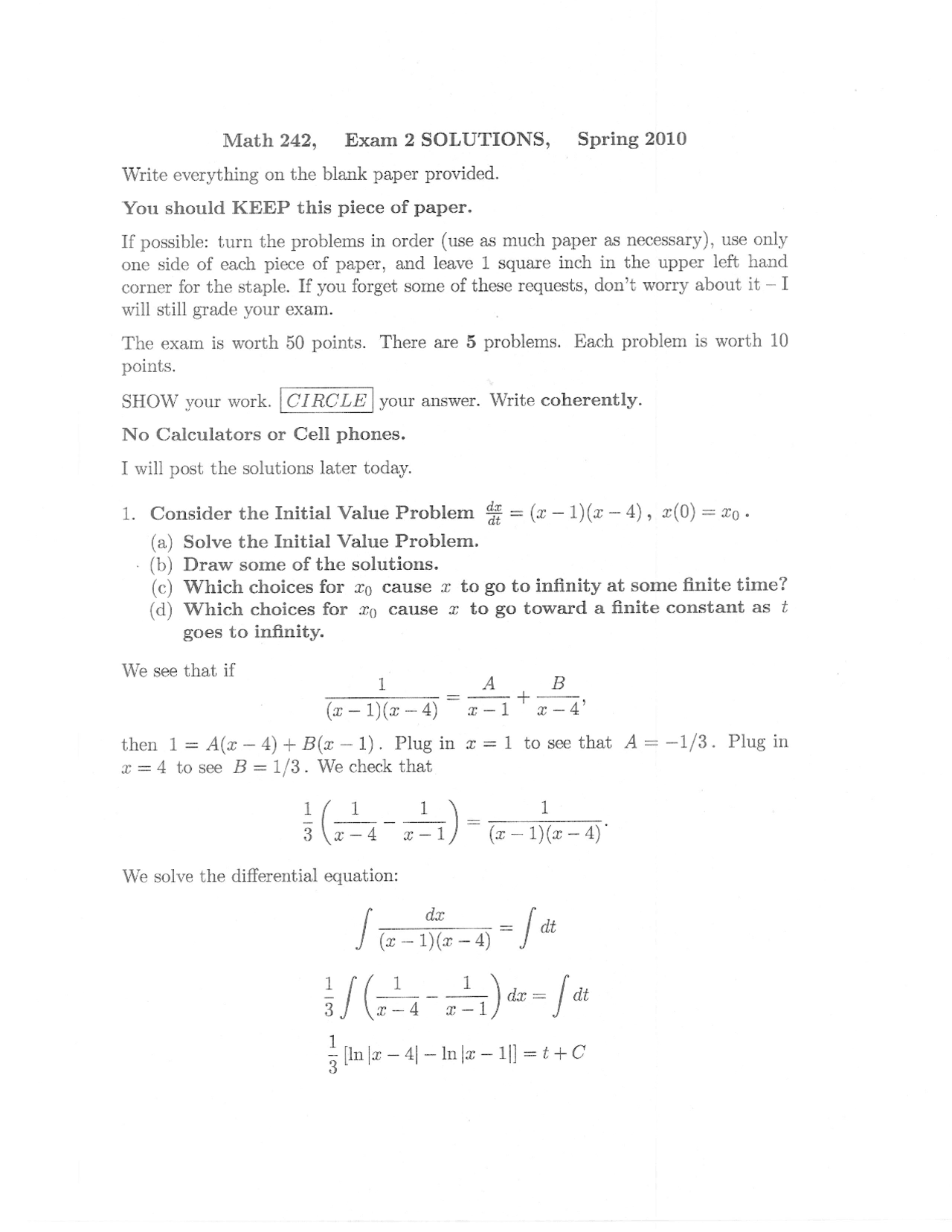 5 Questions With Solutions In Exam 2 Spring 2010 Math 242 Docsity