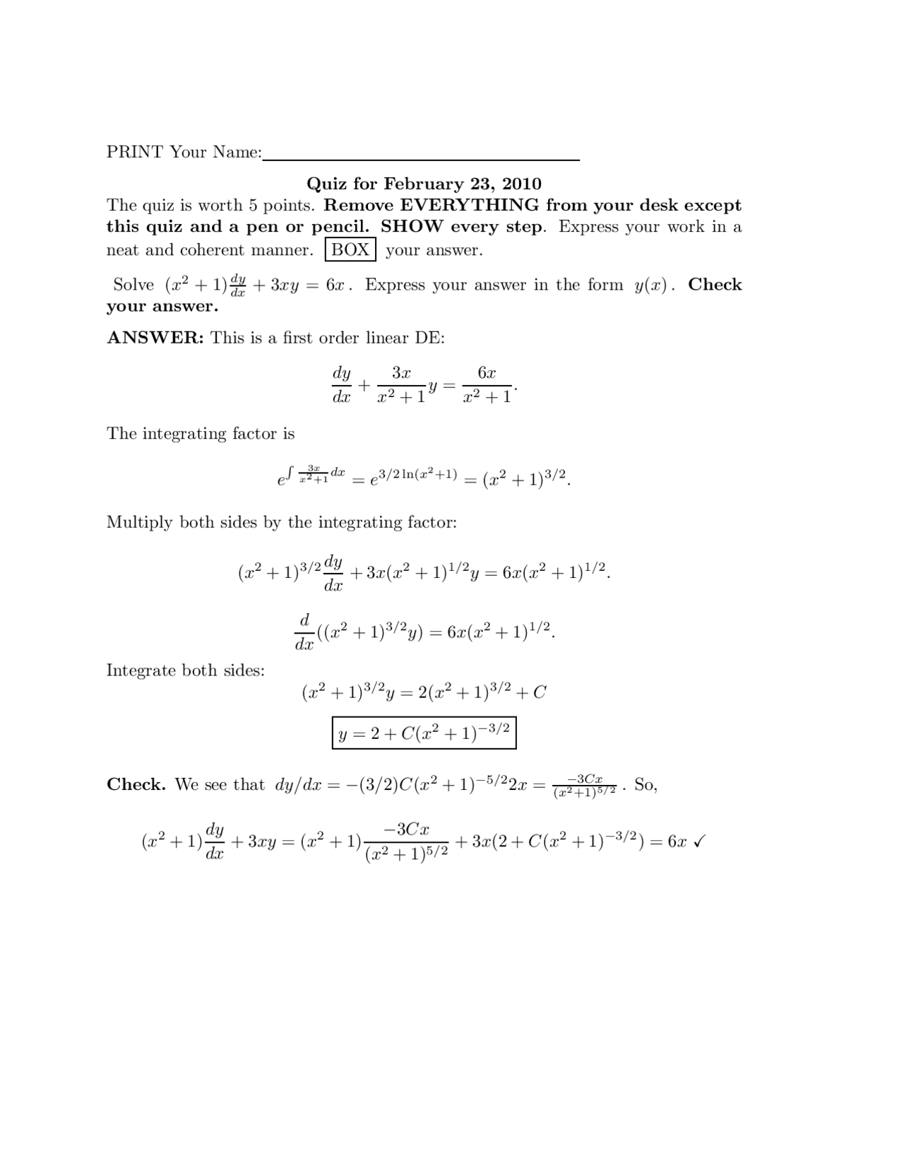 Elementary Differential Equations Quiz 5 With Answers Math 242