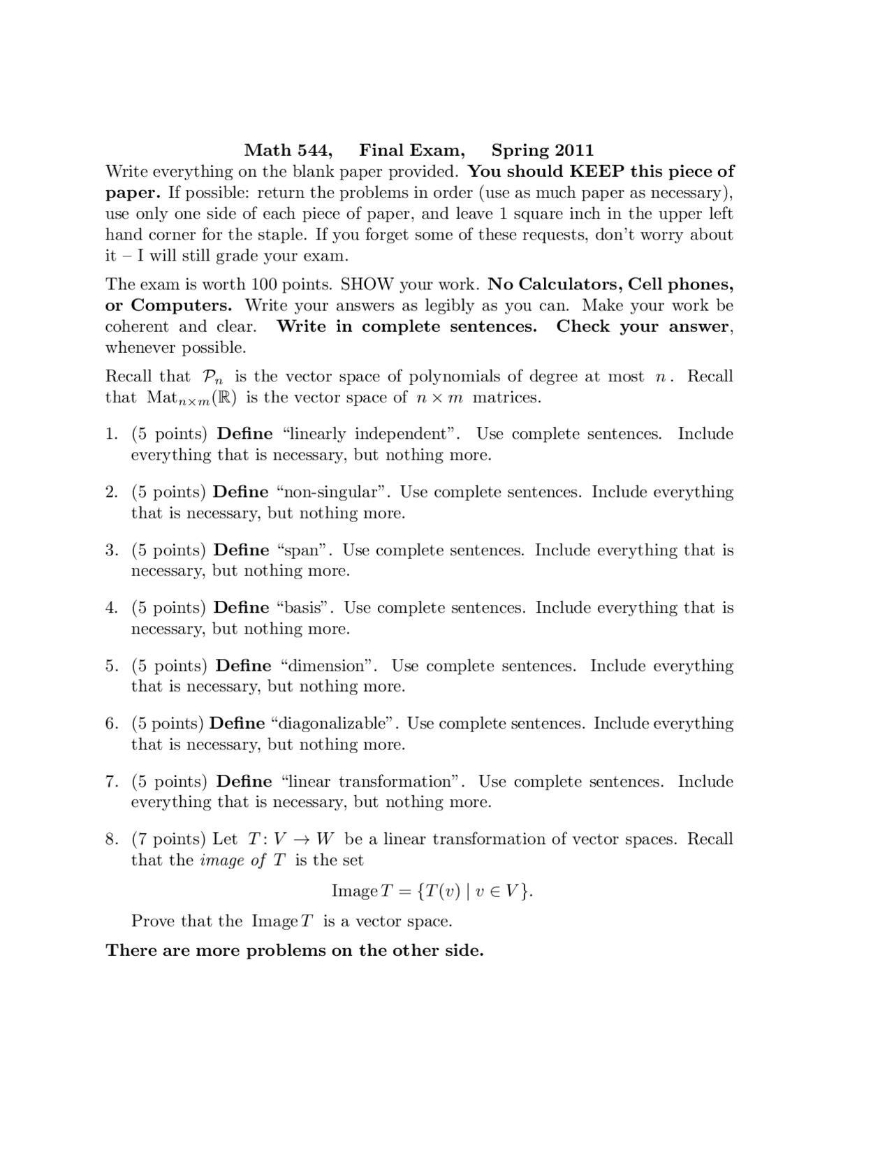 15 Questions Final Exam Linear Algebra Math 544 Docsity