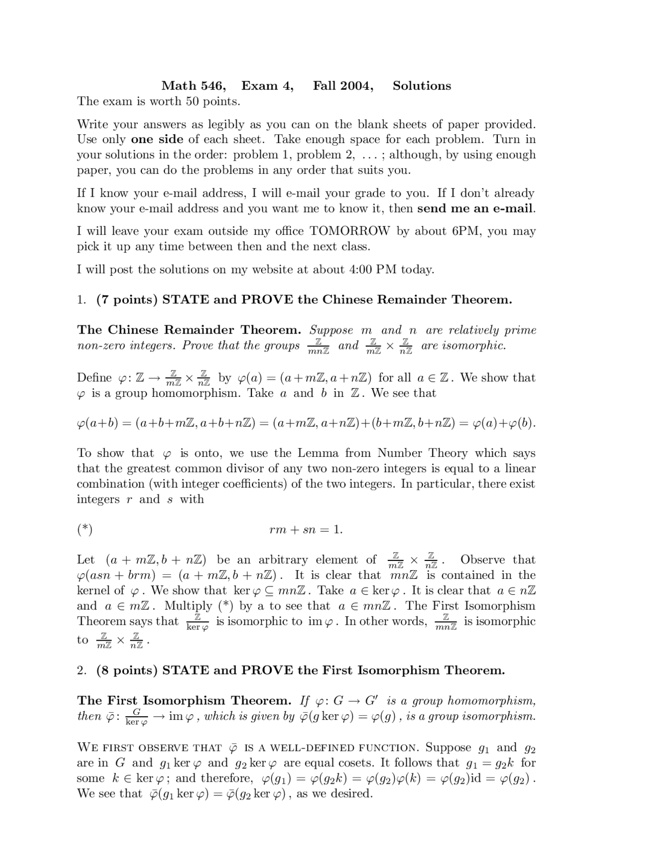 Practice Exam 4 Solutions Algebraic Structures I Math 546 Docsity