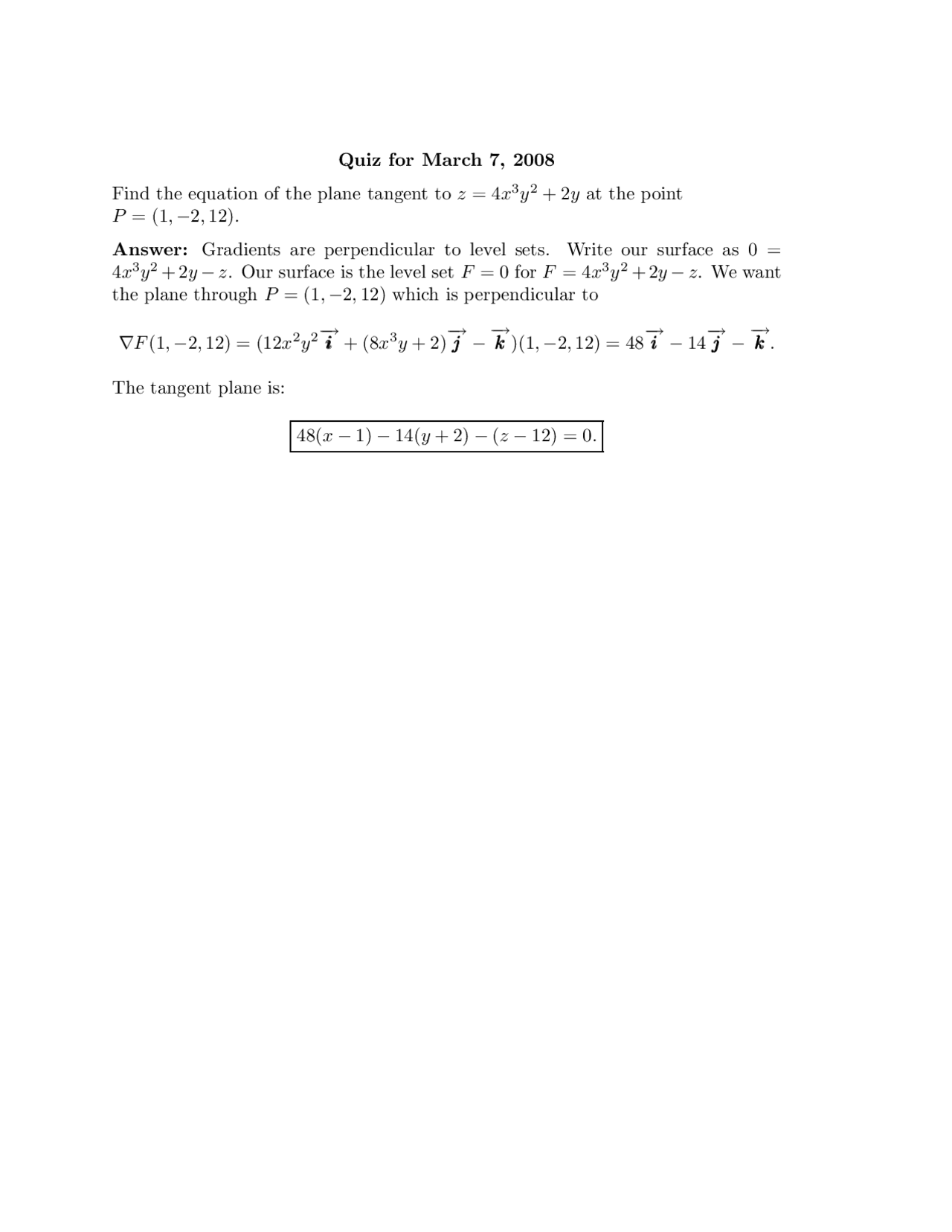 Solved Quiz For Vector Calculus Fall 2008 Math 241 Docsity