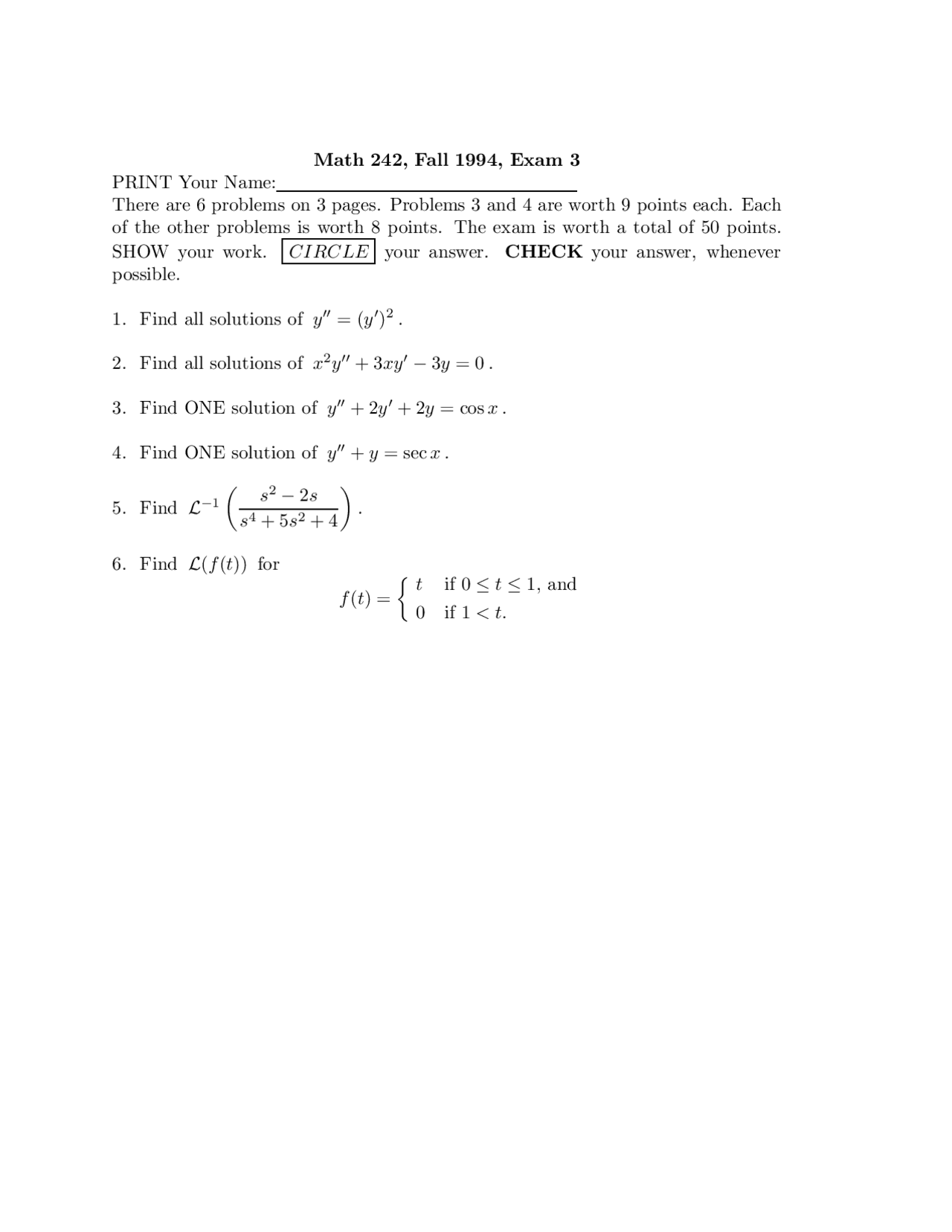 Math 242, Fall 1994, Exam 3: Solutions and Instructions | Exams ...