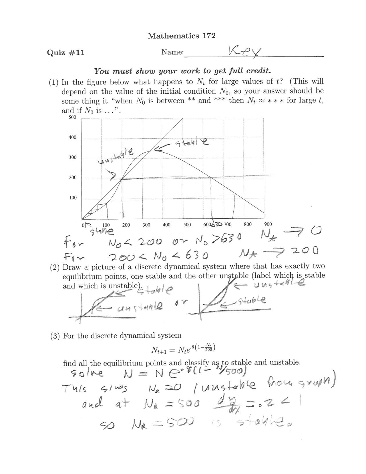 Quiz 11 with Answer Key for Mathematical Modeling for Life Science | MATH 172 | Quizzes ...
