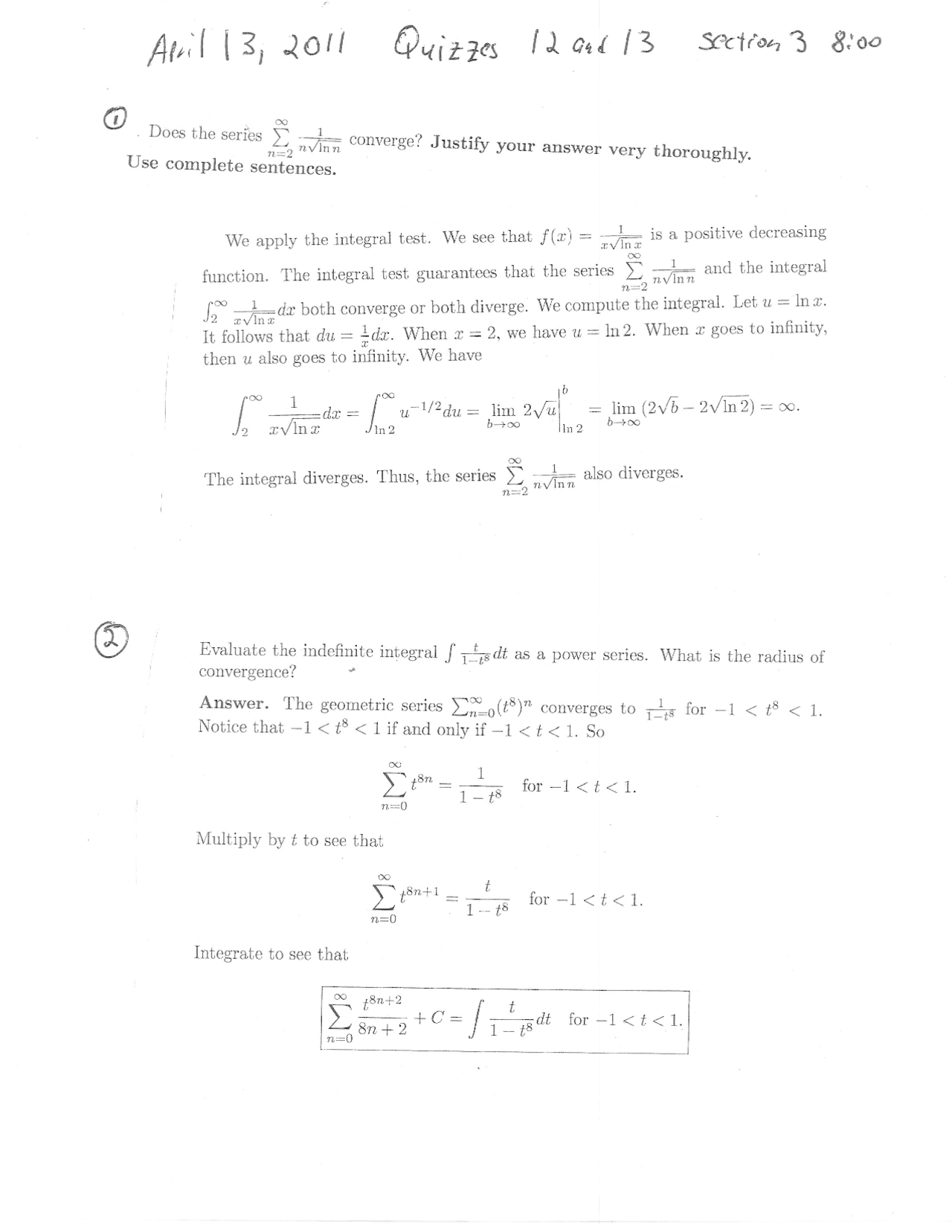 Solutions for Quizzes - Calculus II - Fall 2011 | MATH 142 - Docsity