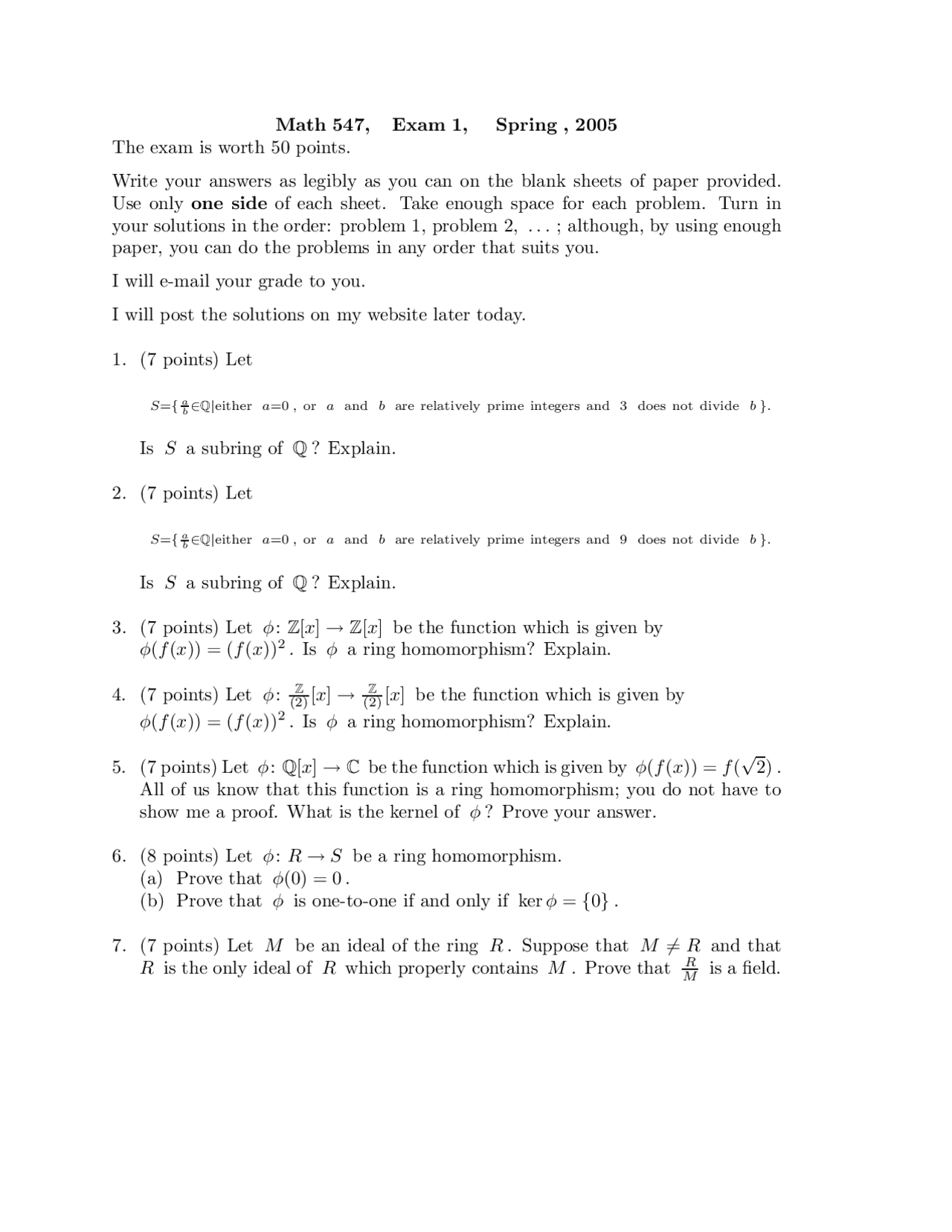 7 Questions On Exam 1 Algebraic Structures Ii Math 547 Docsity