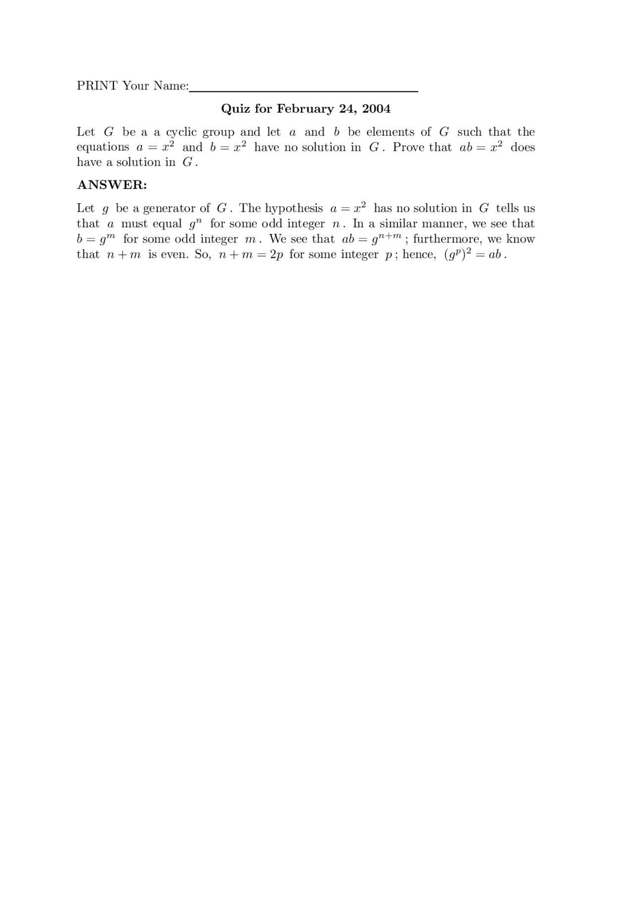 Algebraic Structures I Solved Quiz 5 Math 546 Docsity