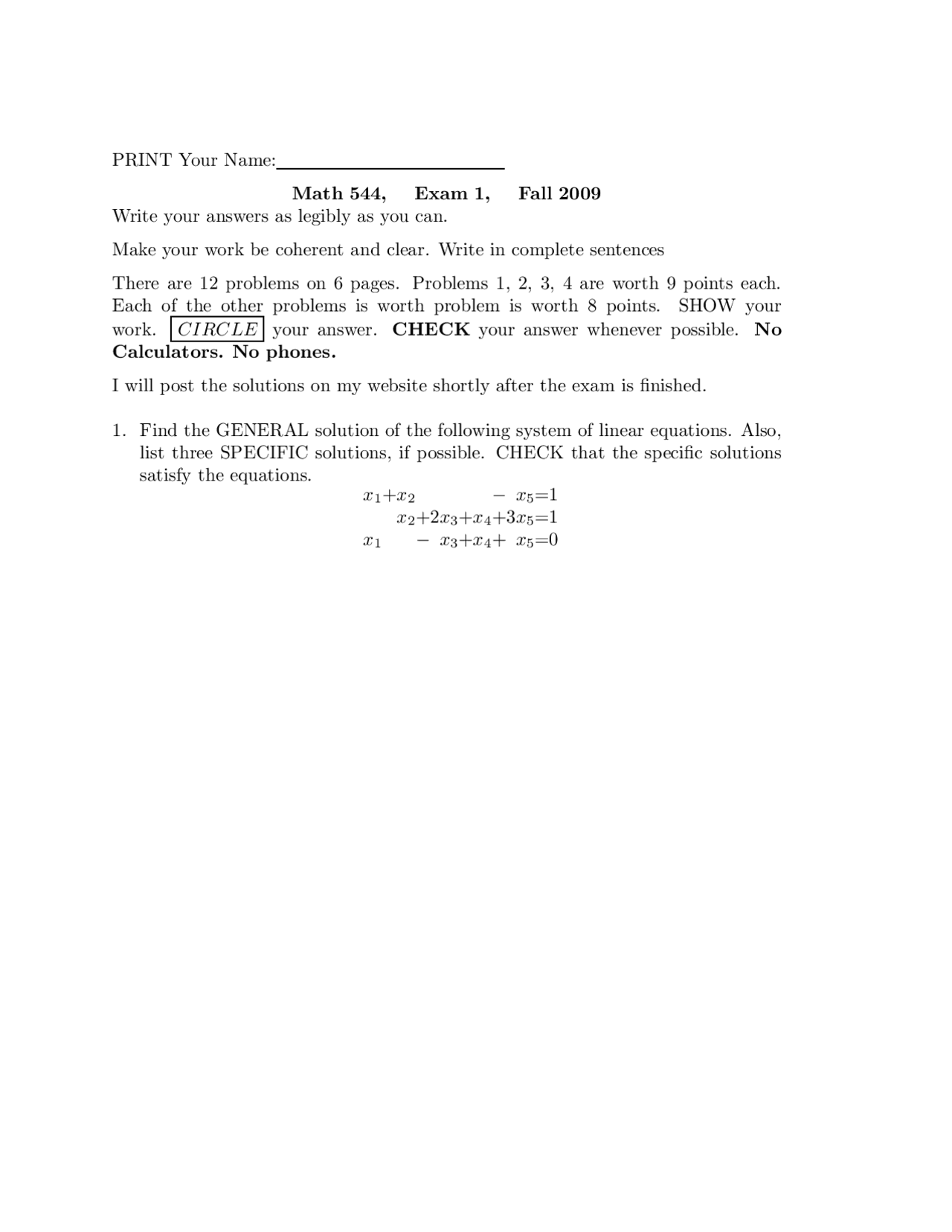 Practice Exam 1 - Linear Algebra | MATH 544 - Docsity