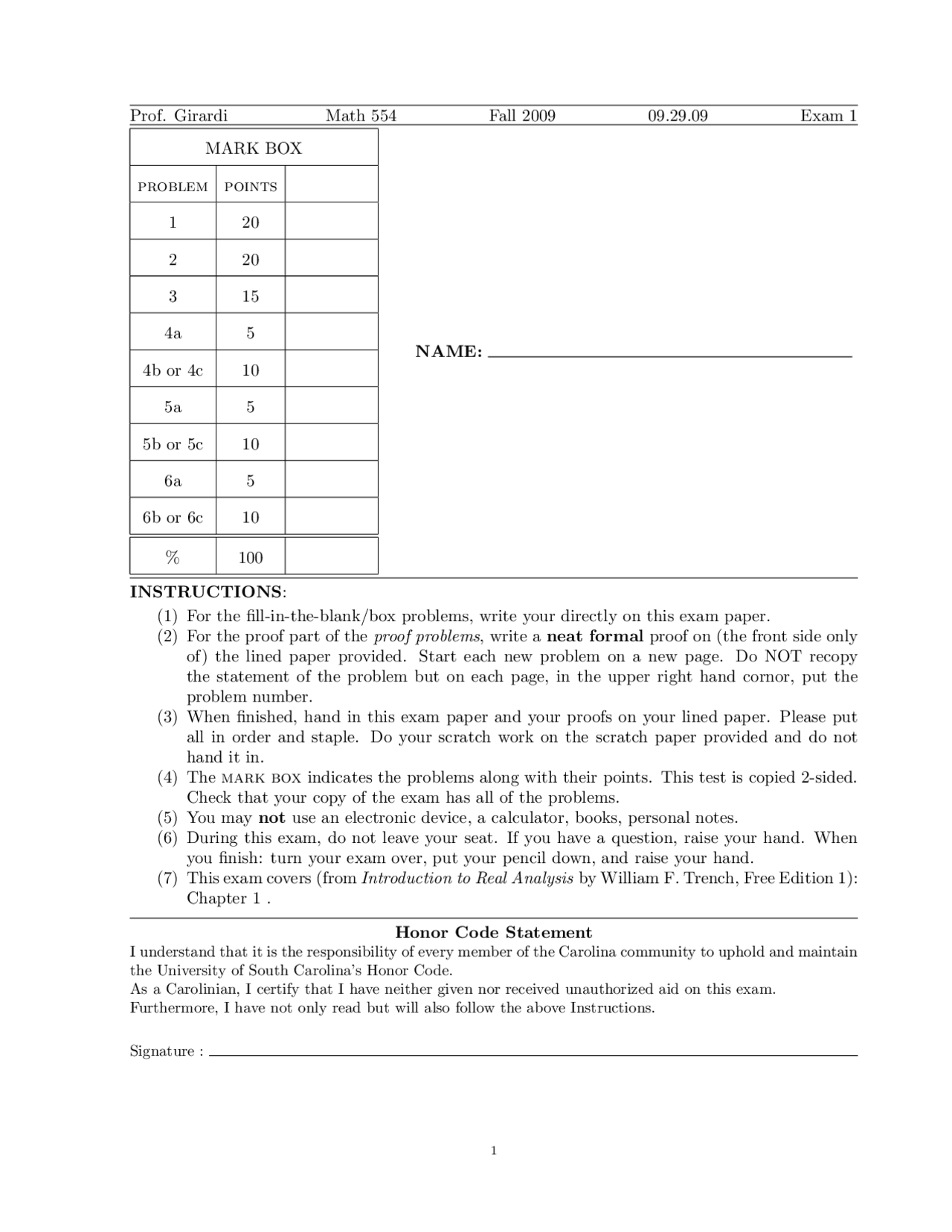 Problems On Analysis I Old Exam 1 Fall 2009 Math 554 Docsity