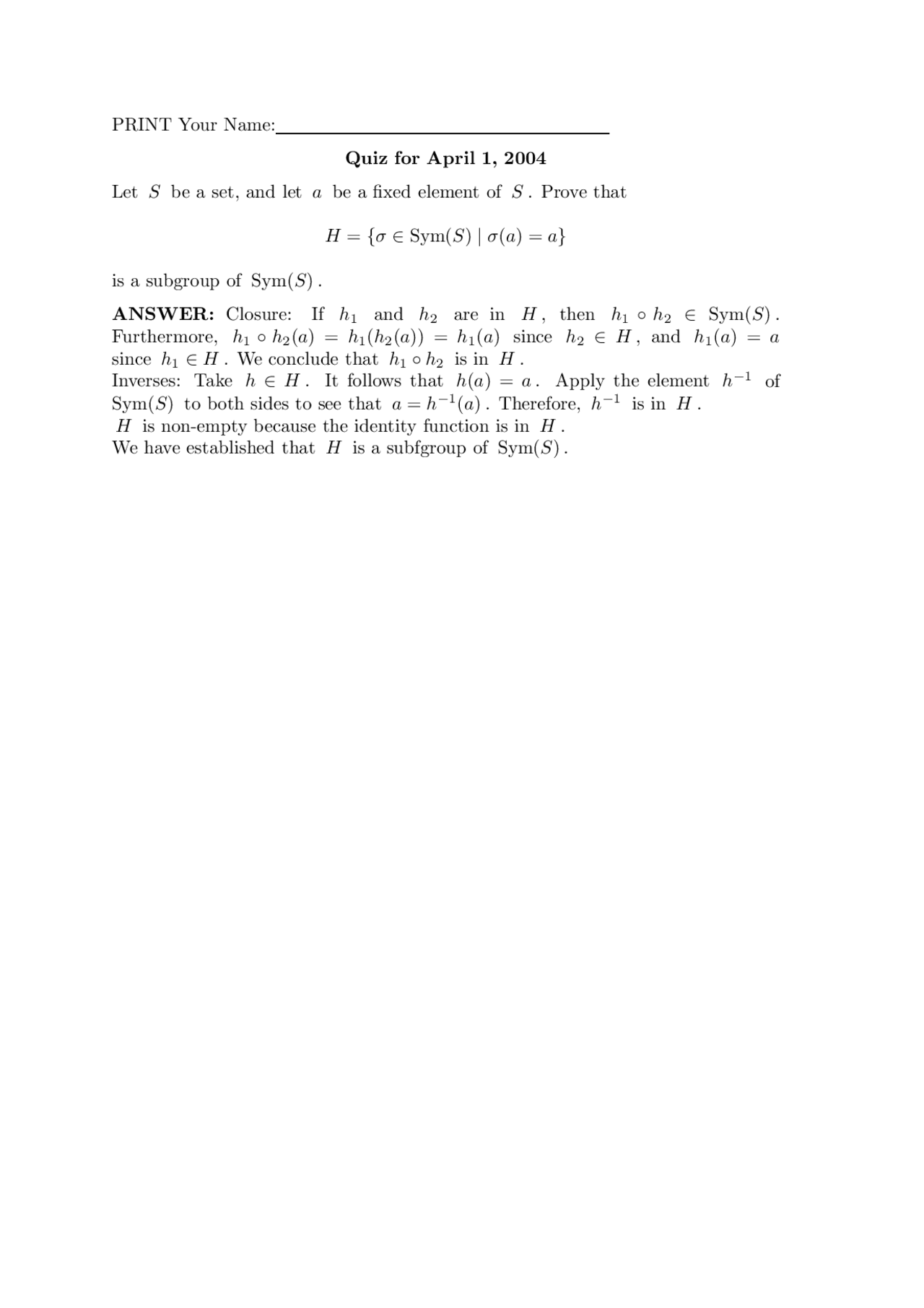 Quiz 8 With Solution For Algebraic Structures I Math 546 Docsity