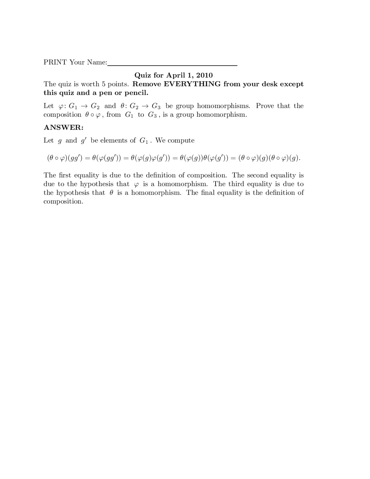 Question On Algebraic Structures I Solved Quiz 8 Math 546 Docsity