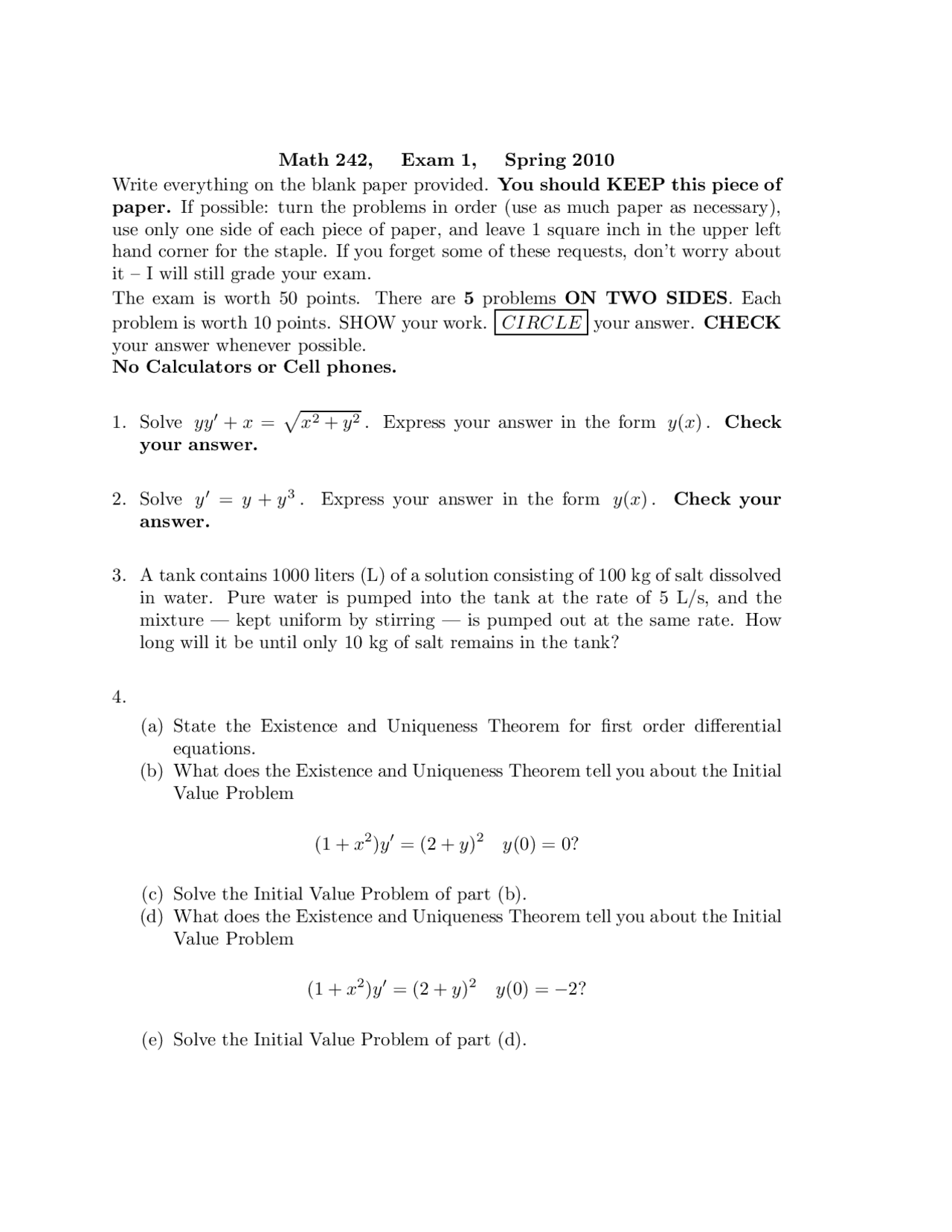5 Questions In Exam 1 Elementary Differential Equation Math 242