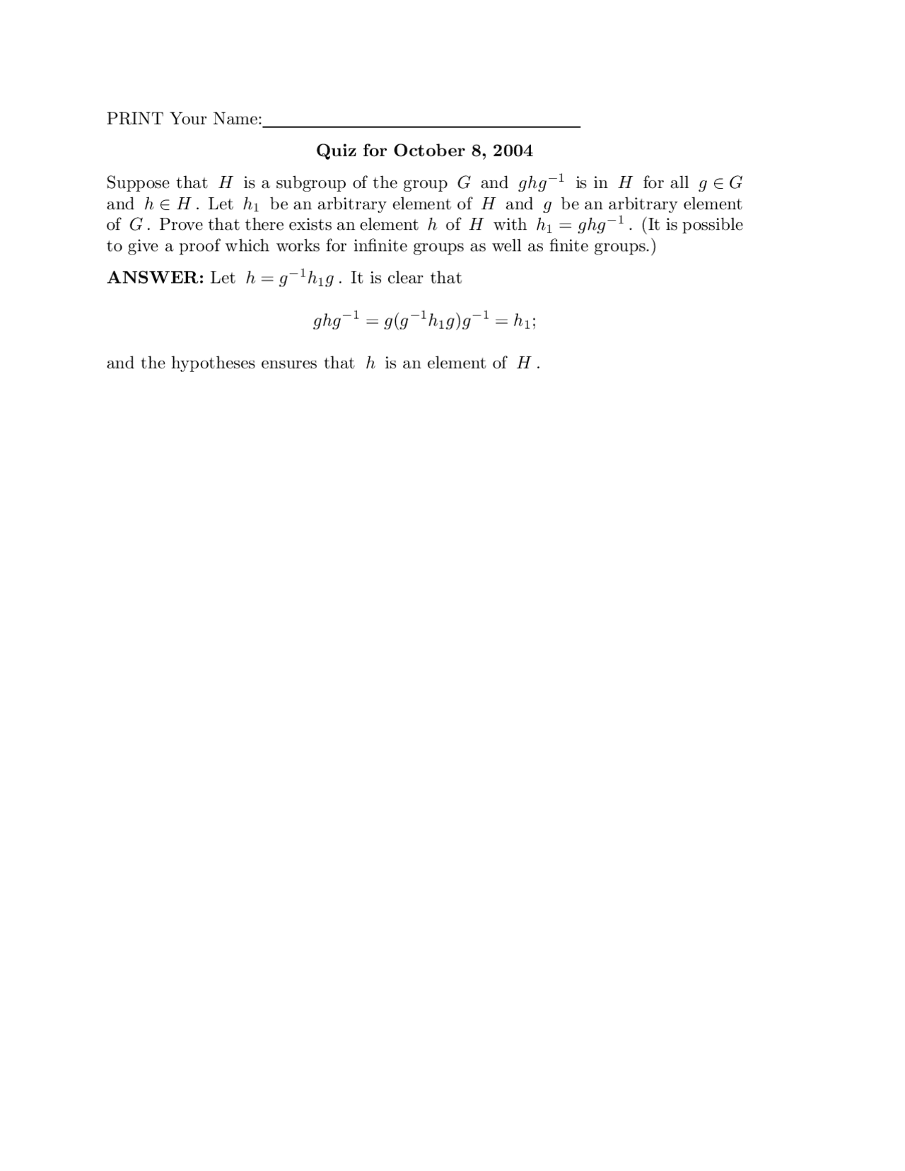 Solution Manual For Quiz 6 Algebraic Structures I Math 546 Docsity