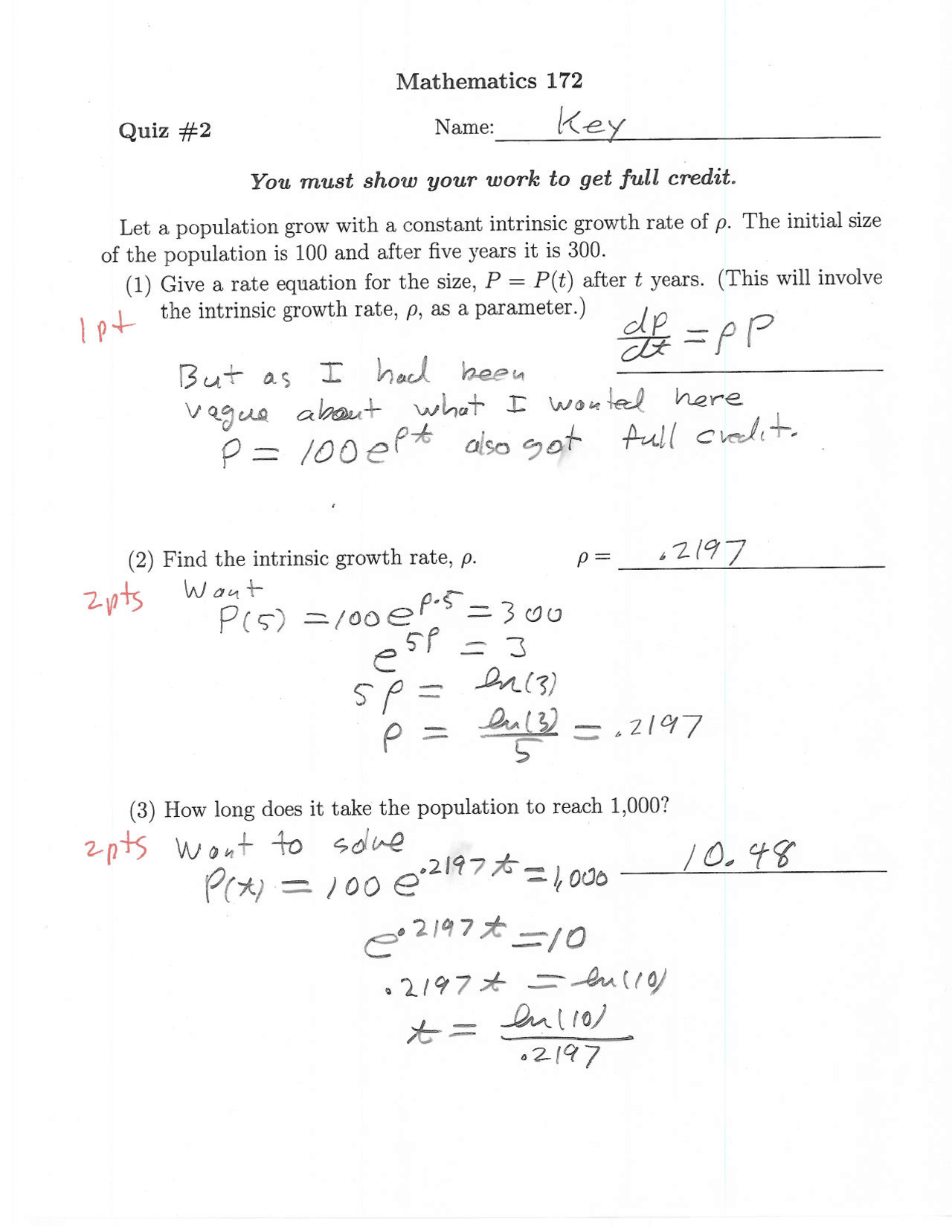 Quiz 2 With Solution For Math Modeling Life Science Math 172 Docsity