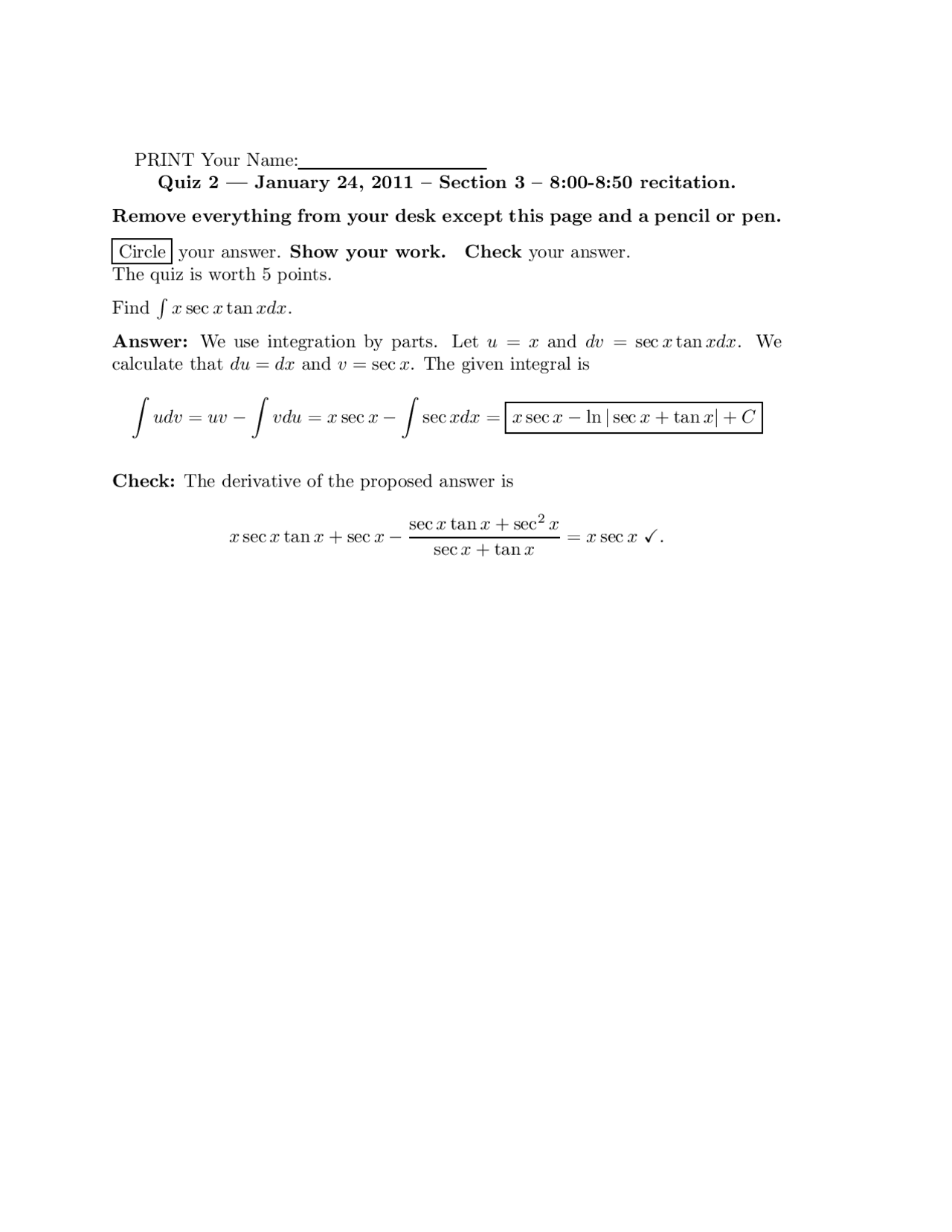 Calculus II - Sample Quiz 2 with Answer Key | MATH 142 - Docsity