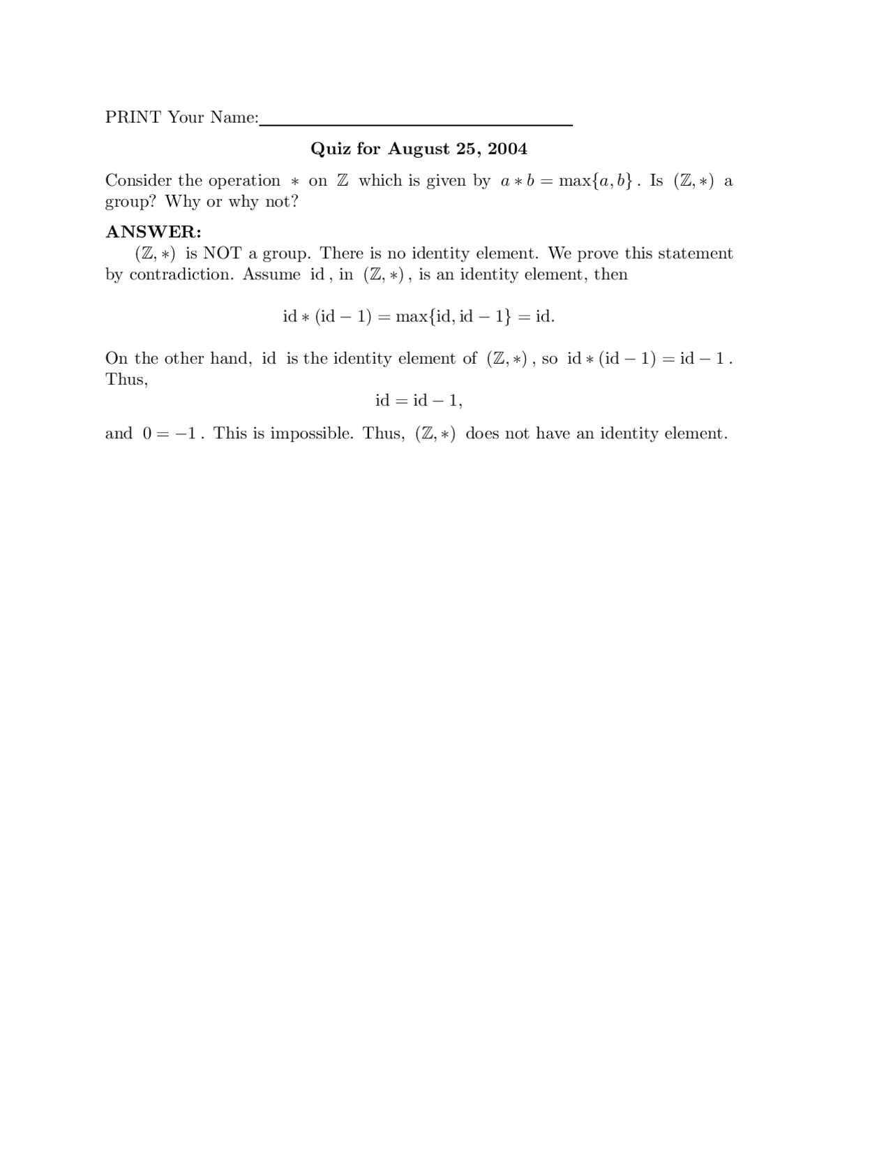 Question With Solution For Algebraic Structures I Quiz 1 Math 546