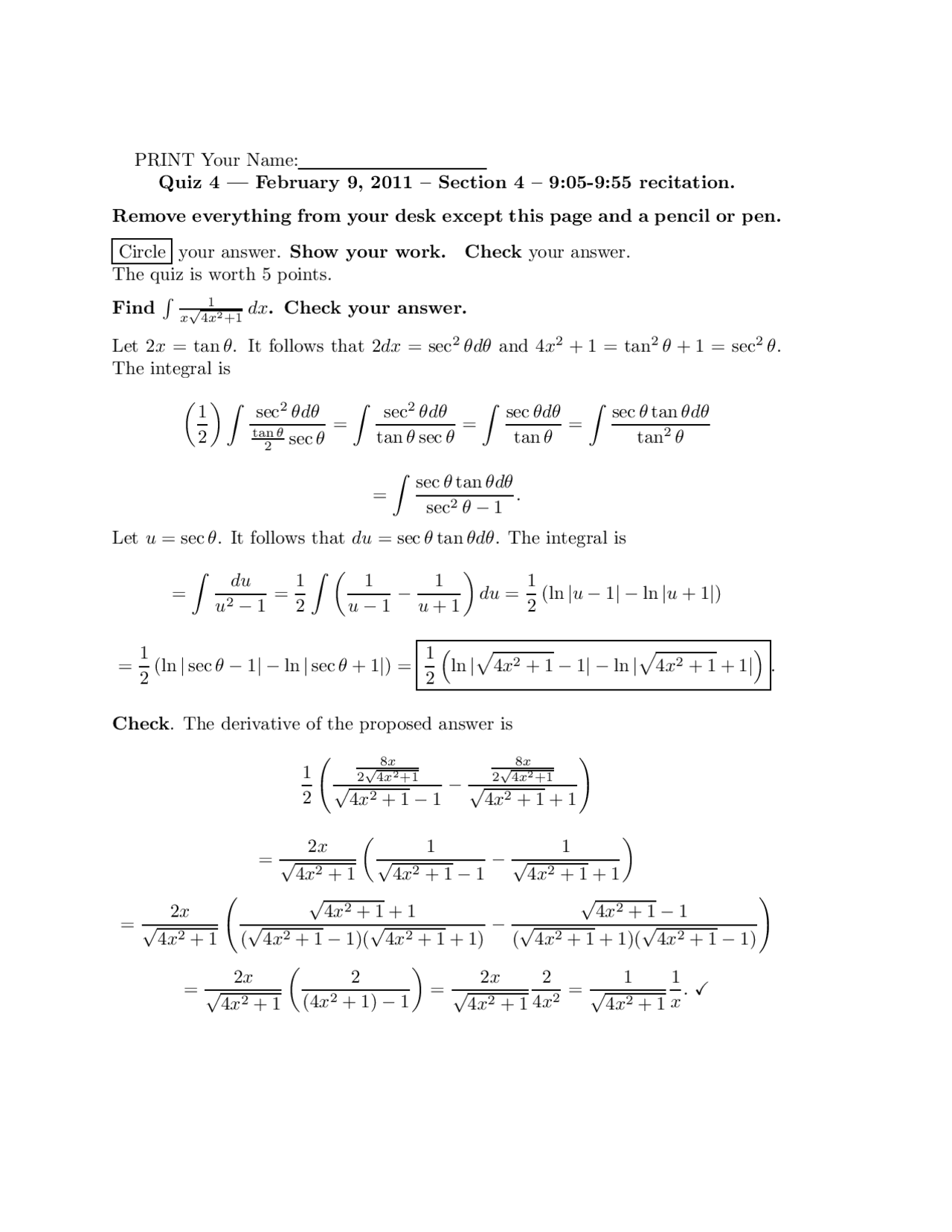 Practice Quiz 4 With Answers Calculus Ii Math 142 Quizzes