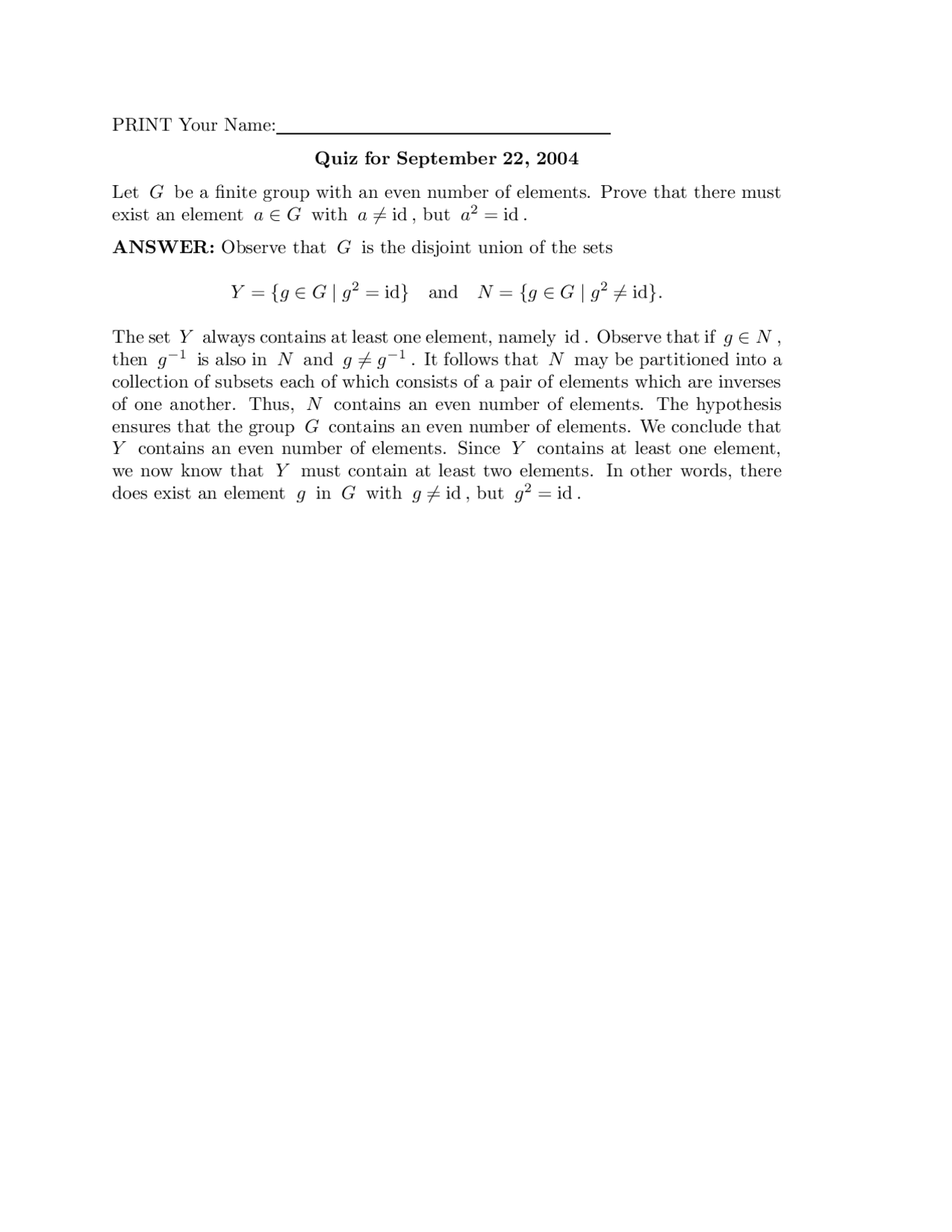 Algebraic Structures I Solved Quiz 4 Math 546 Docsity