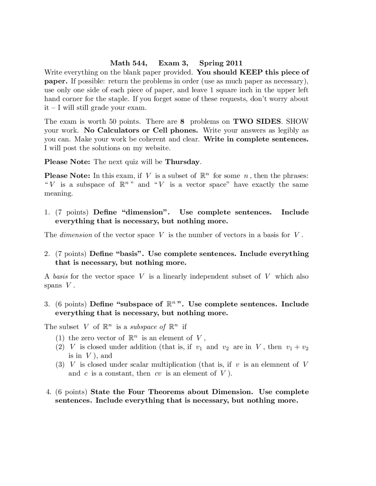 Solved Exam 3 Linear Algebra Math 544 Docsity