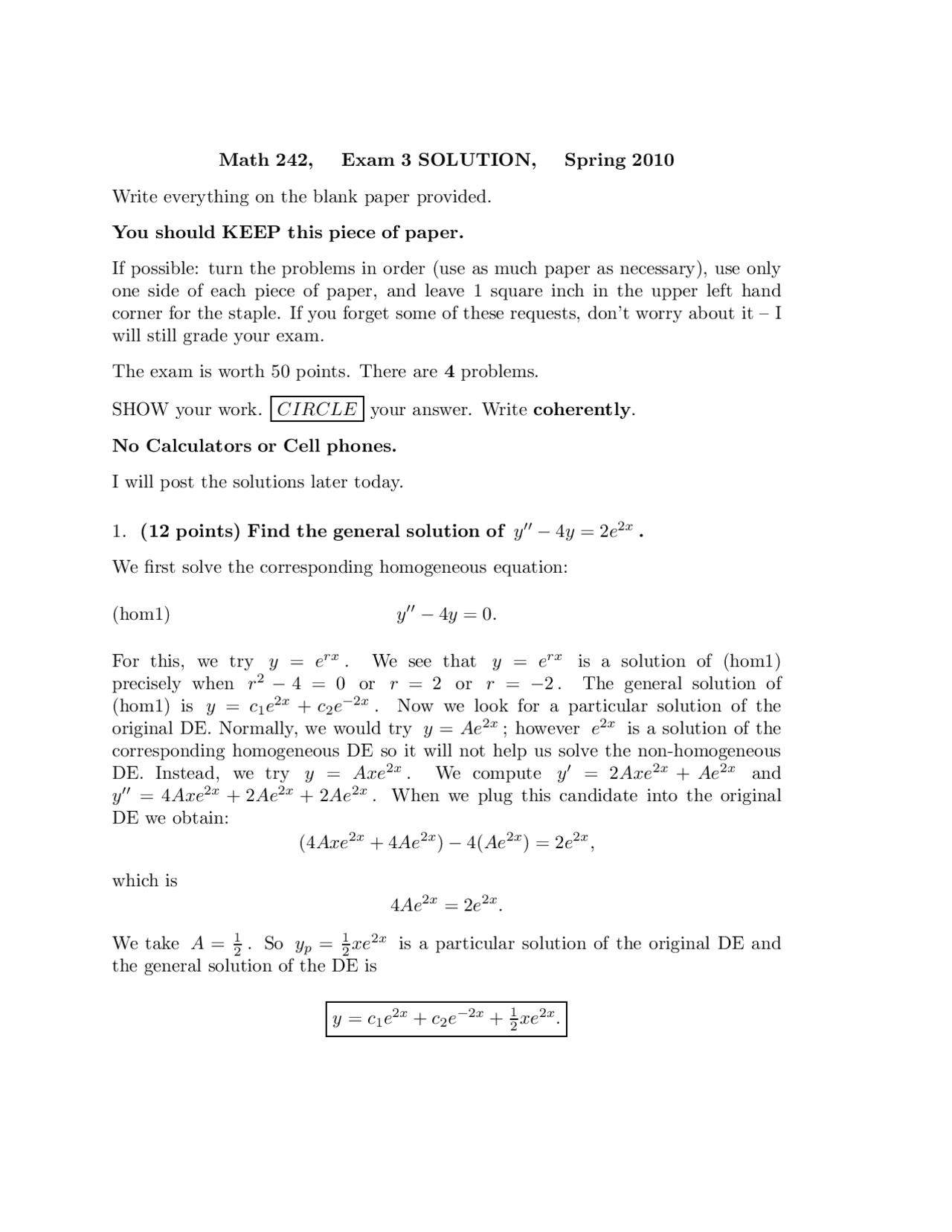 Elementary Differential Equation Exam 3 Solution Math 242 Docsity