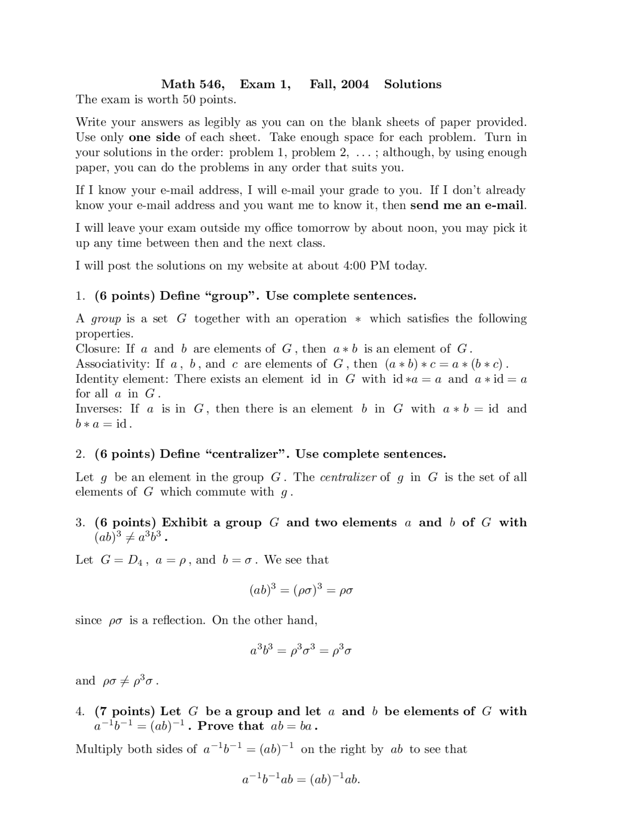 Solutions For Exam 1 Algebraic Structures I Fall 2004 Math 546