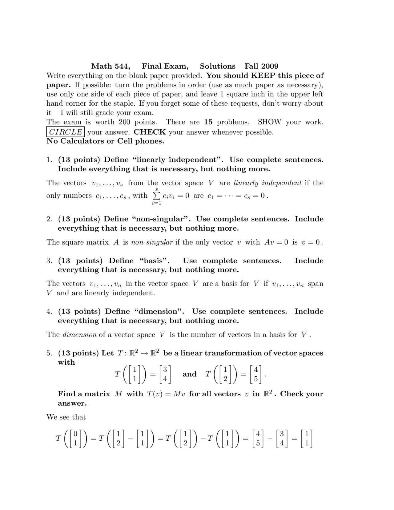 Final Exam Solutions For Linear Algebra Fall 2009 Math 544 Docsity