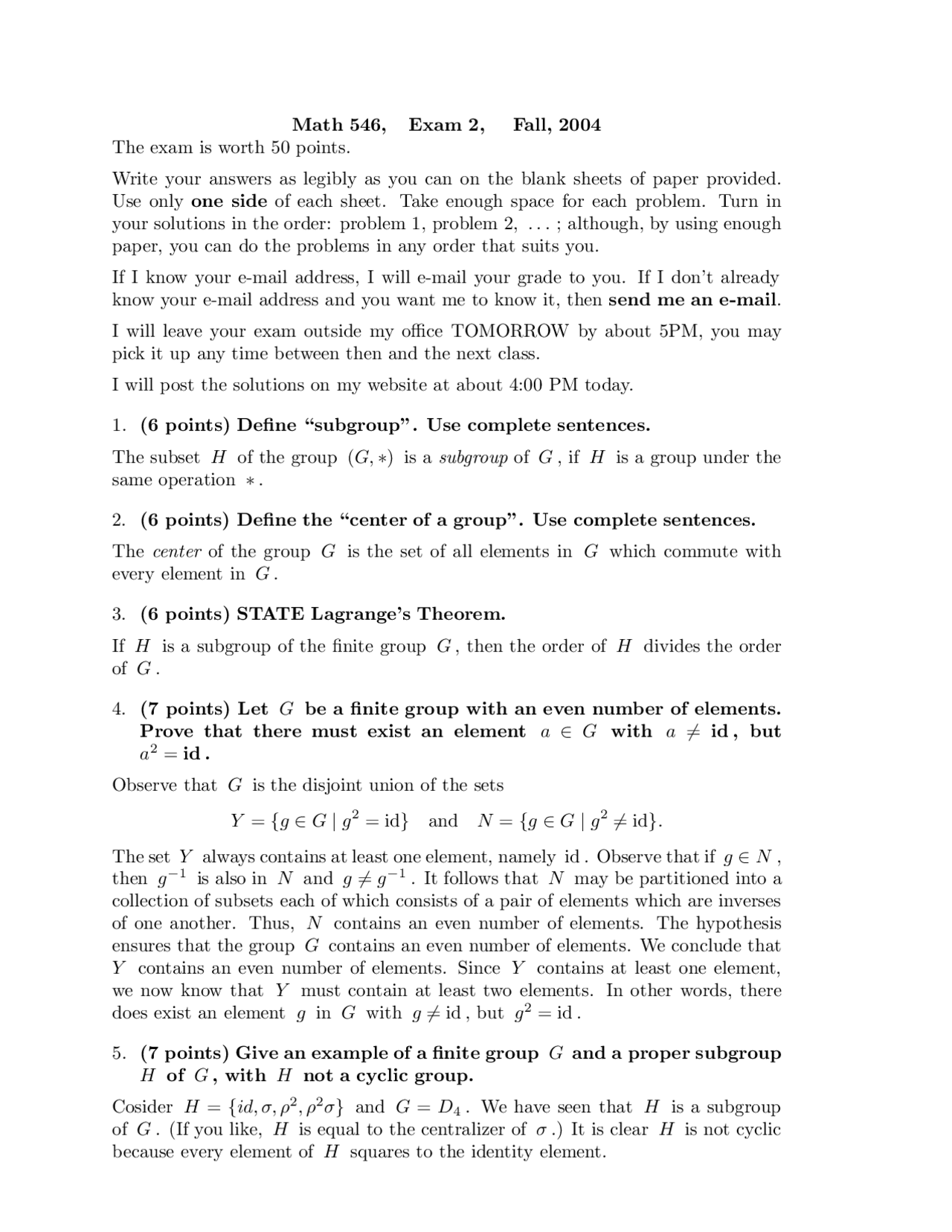 Examination 2 On Algebraic Structures I Math 546 Docsity