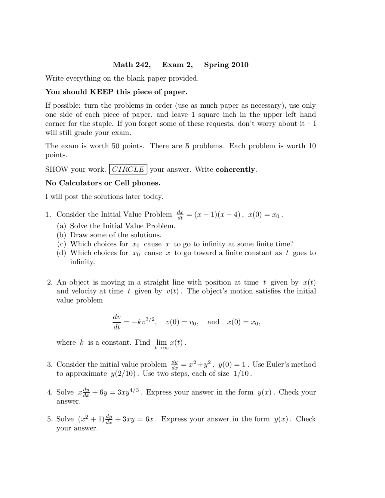 Exam 2 Differential Equations (Spring 2010) | MATH 242 - Docsity