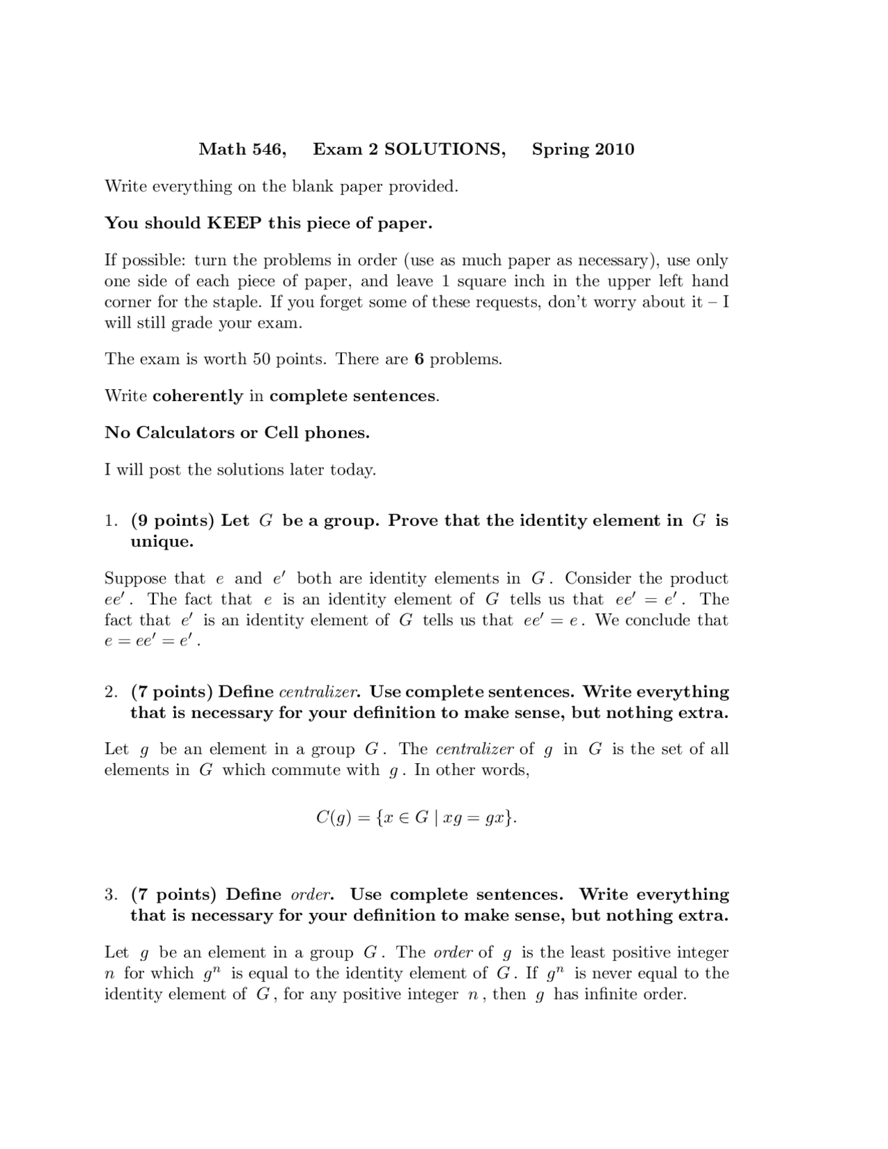 Exam 2 Solutions Algebraic Structures I Math 546 Docsity