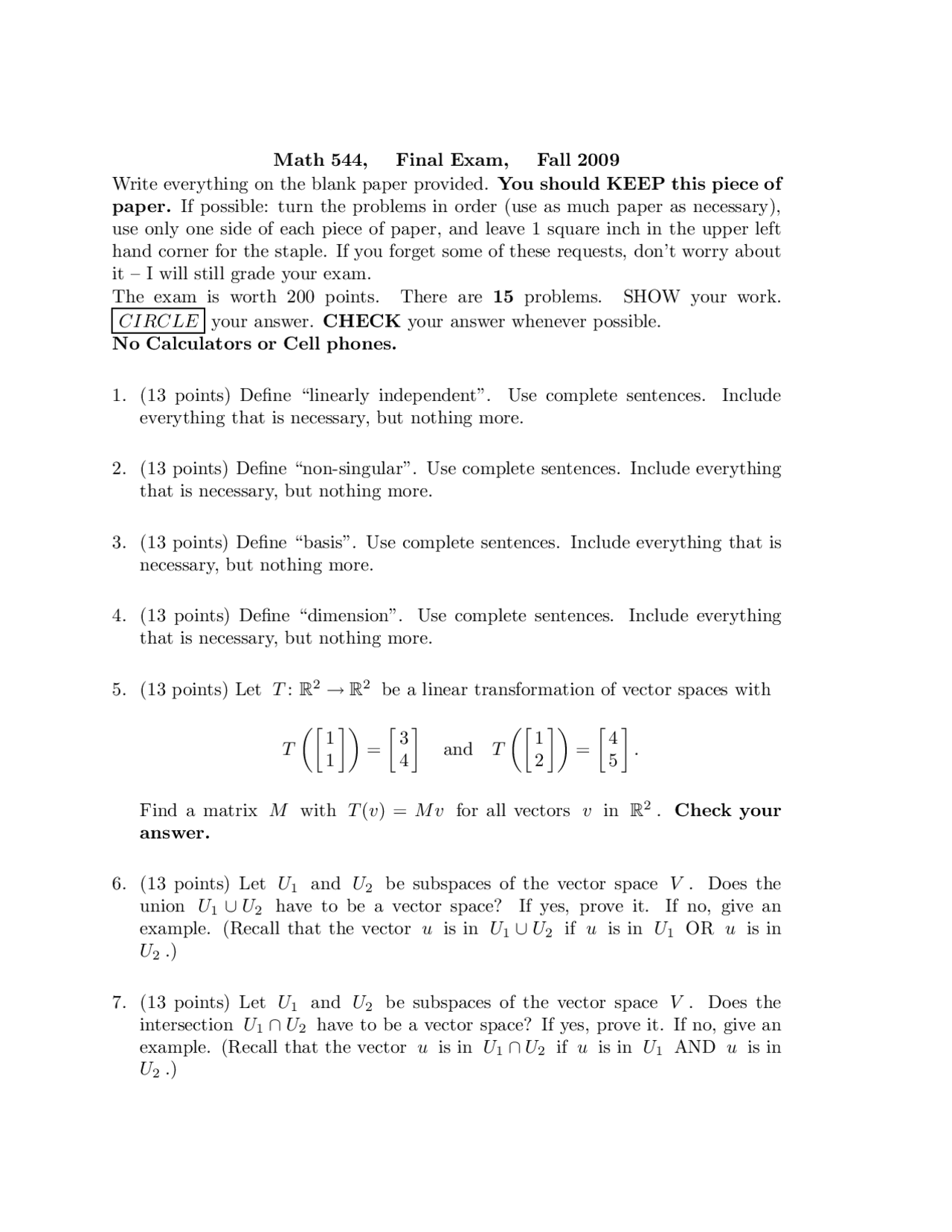 Linear Algebra 15 Practice Questions Final Exam Math 544 Docsity