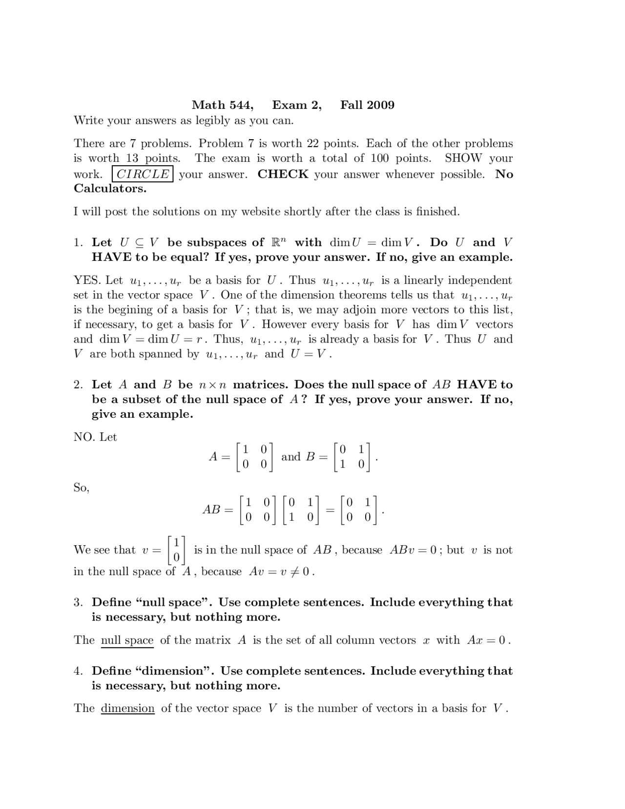 Exam 2 With Solution For Linear Algebra Fall 2009 Math 544 Docsity