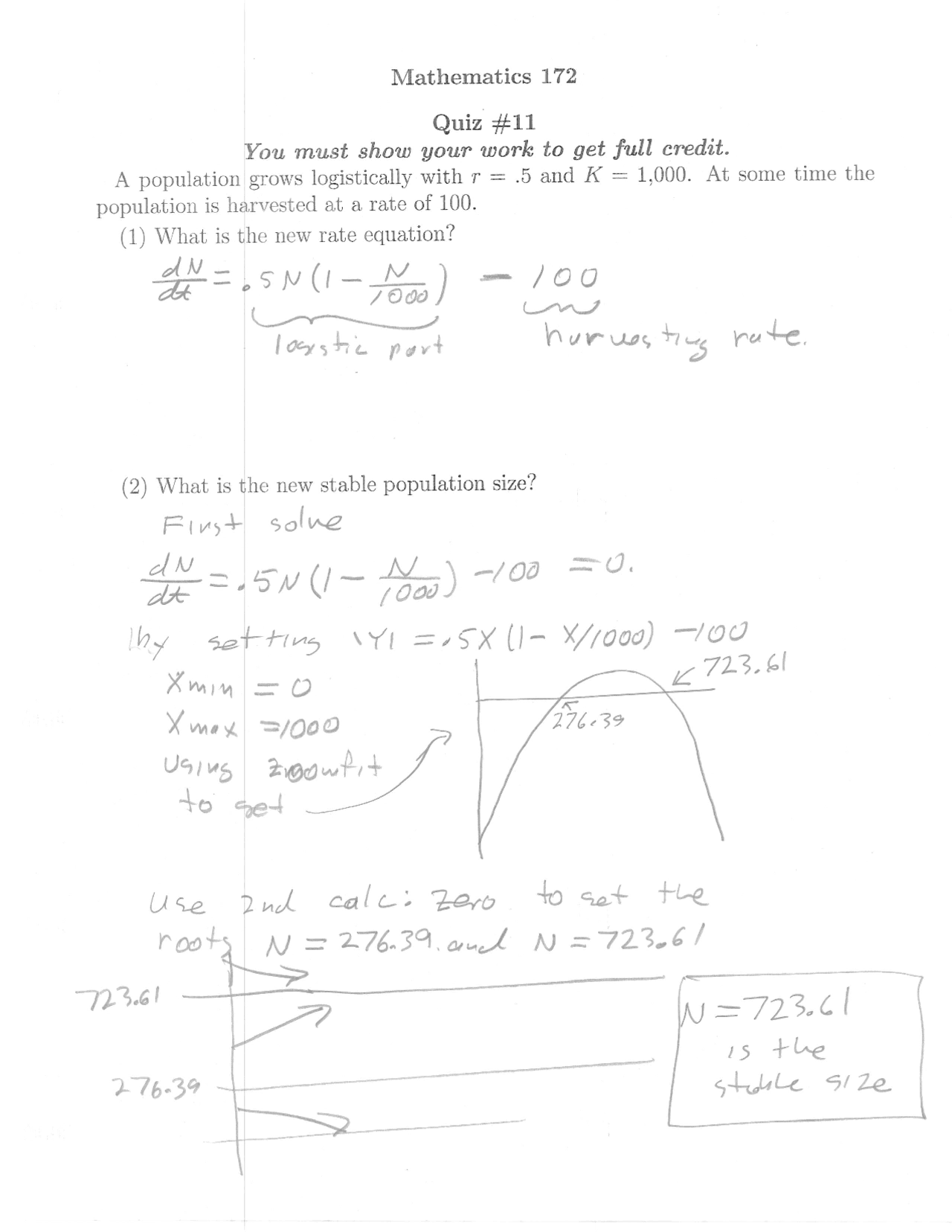 Math Modeling Life Science Solved Quiz 11 Math 172 Docsity