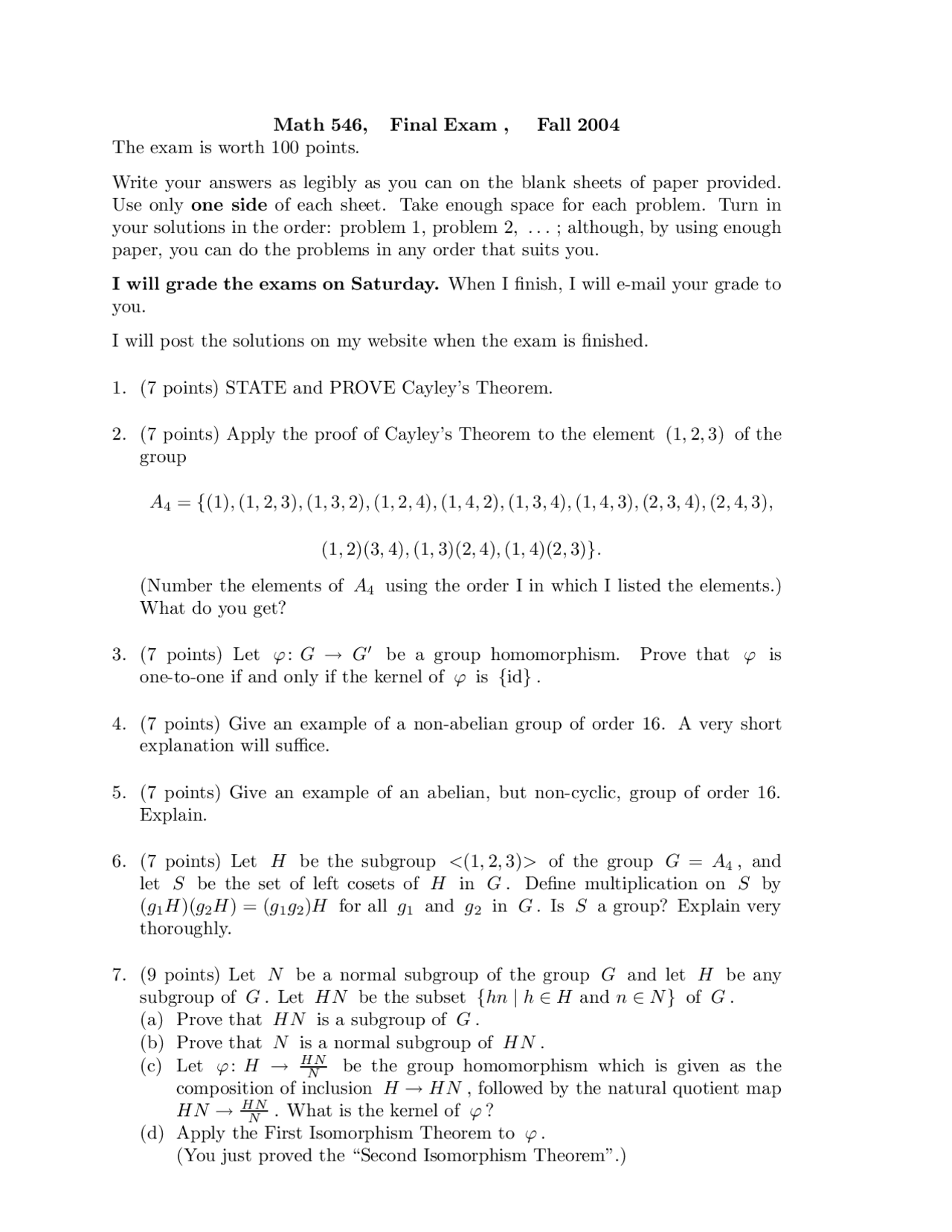Final Examination Algebraic Structures I Math 546 Docsity