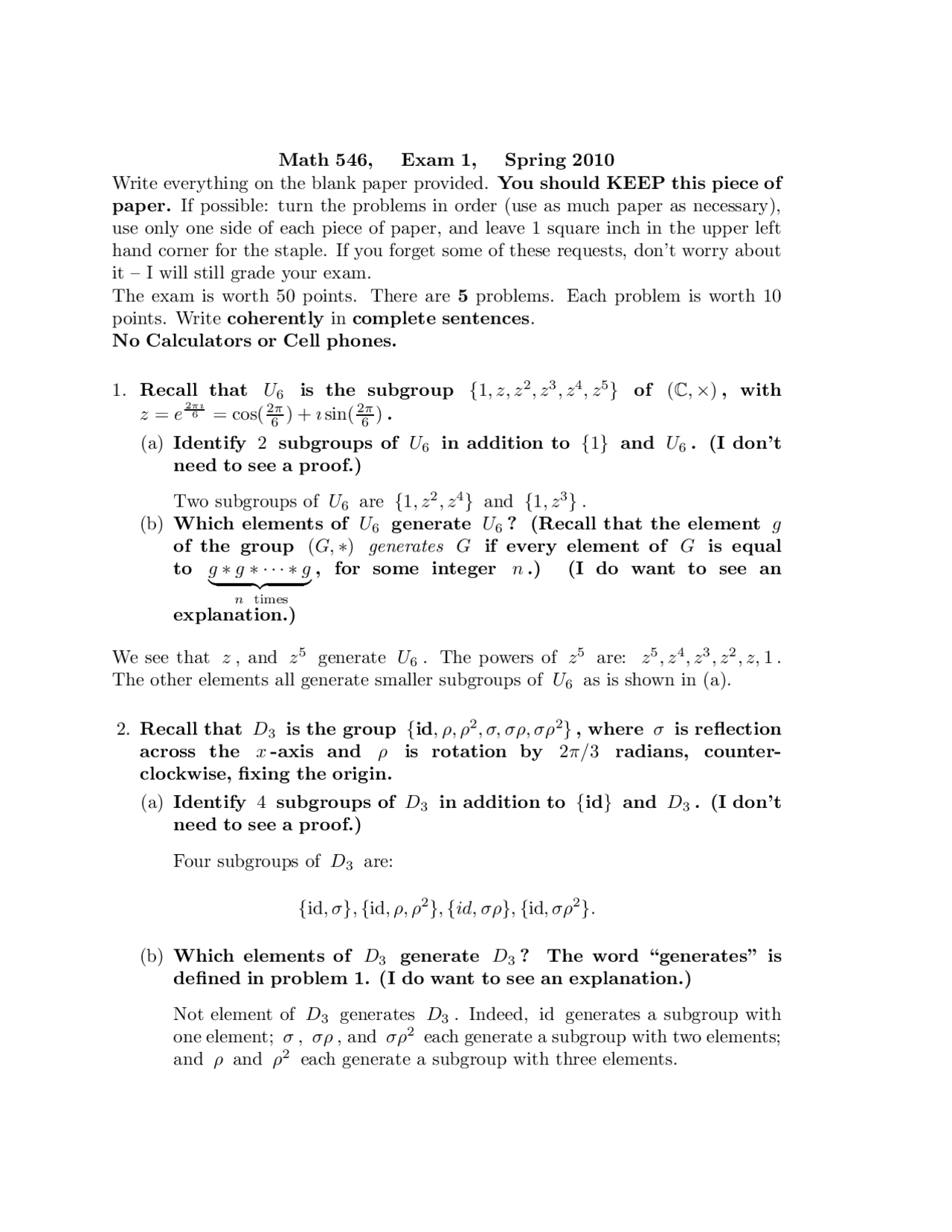 Solved Exam 1 Algebraic Structures I Math 546 Docsity