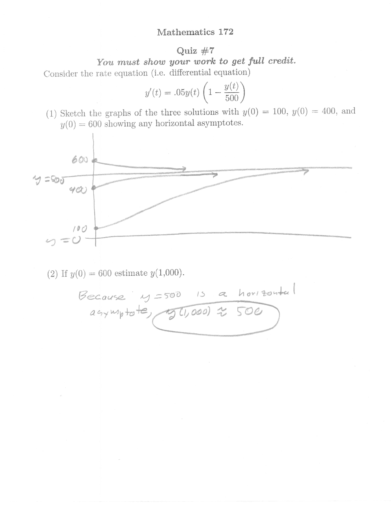 2 Solved Problems On Differential Equations Quiz 7 Math 172 Docsity