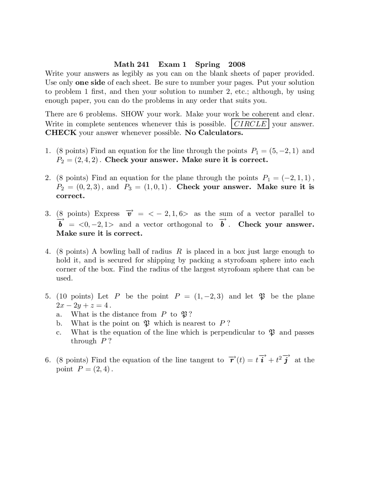 6 Questions For Exam 1 Vector Calculus Math 241 Docsity