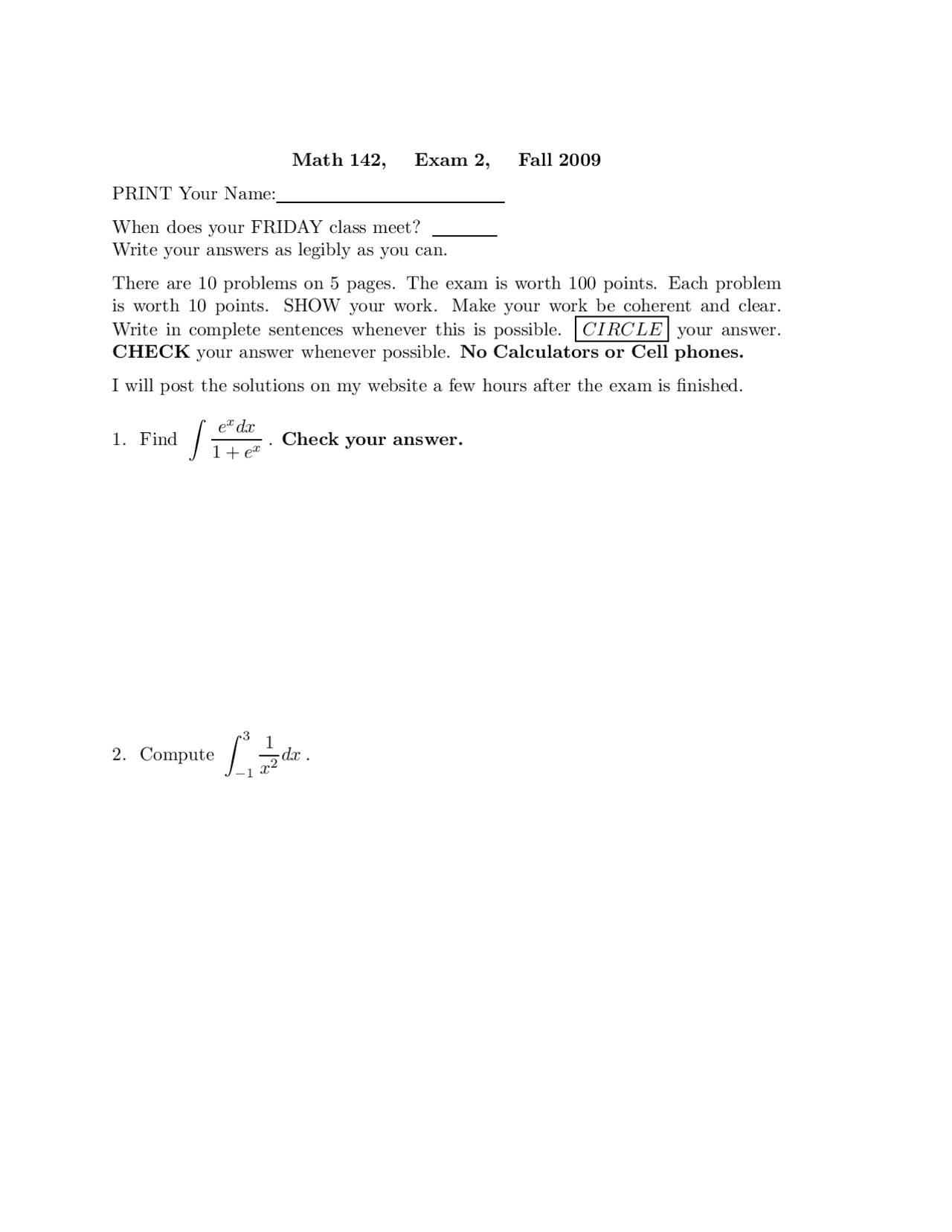 10 Problems To Find The Limits Of Sequence Exam 2 Math 142 Docsity