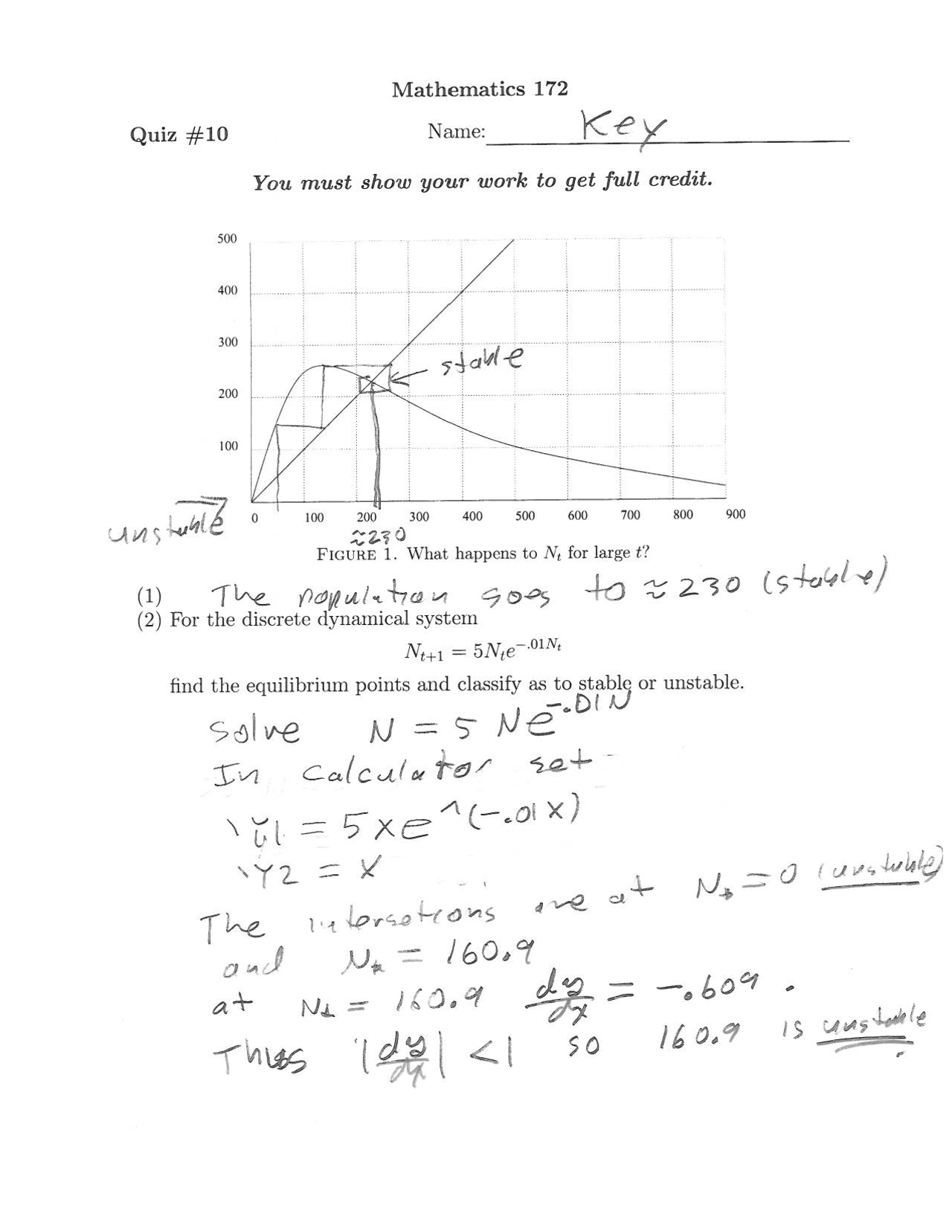 Mathematical Modeling For Life Science Solved Quiz 10 Math 172