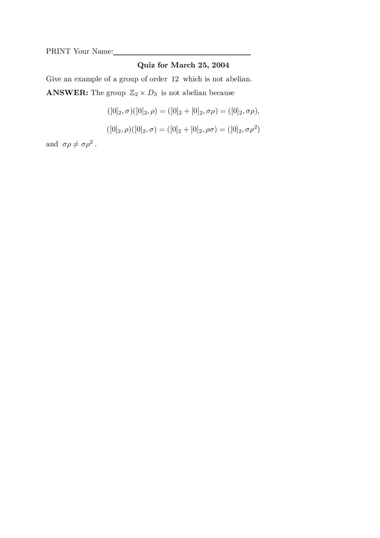 Group of Order 12 is Not Abelian - Solved Example | MATH 546 - Docsity