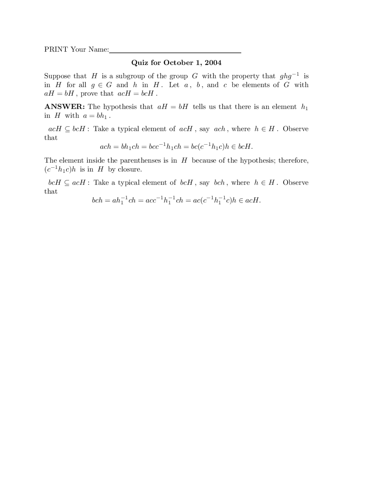 Quiz 5 With Solution For Algebraic Structures I 2010 Math 546 Docsity