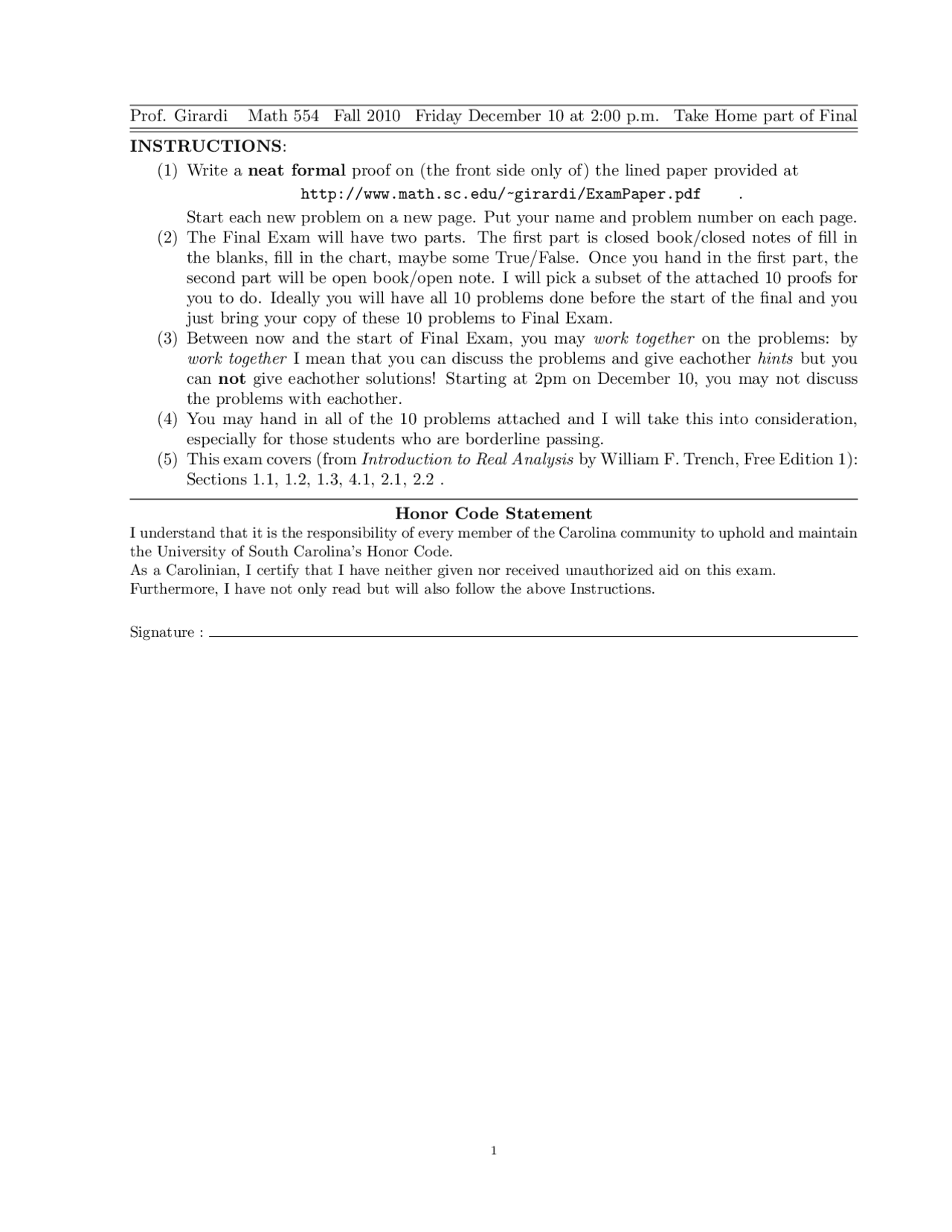 10 Questions For Final Exam Analysis I Math 554 Docsity