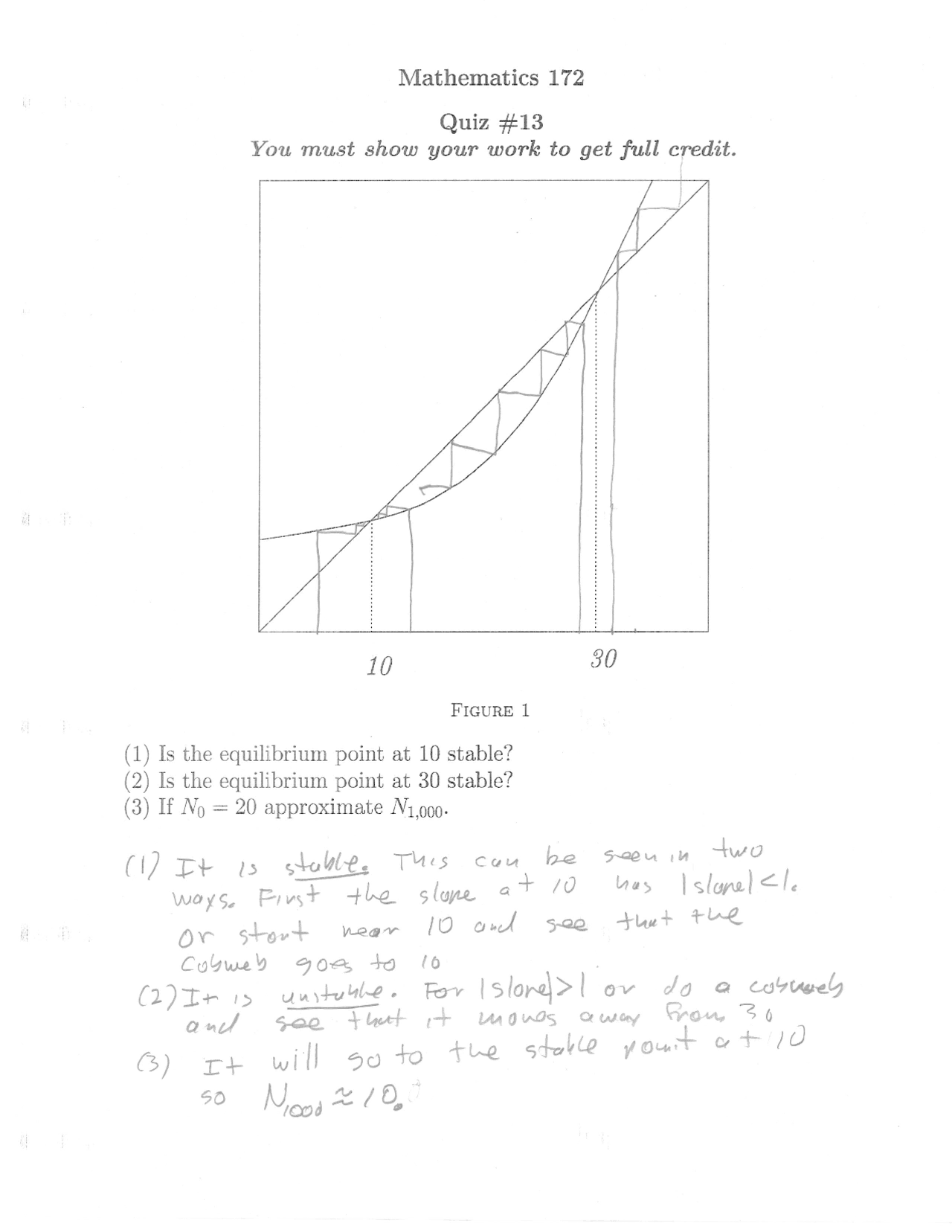 Mathematical Modeling For Life Science Quiz 13 Solved Math 172