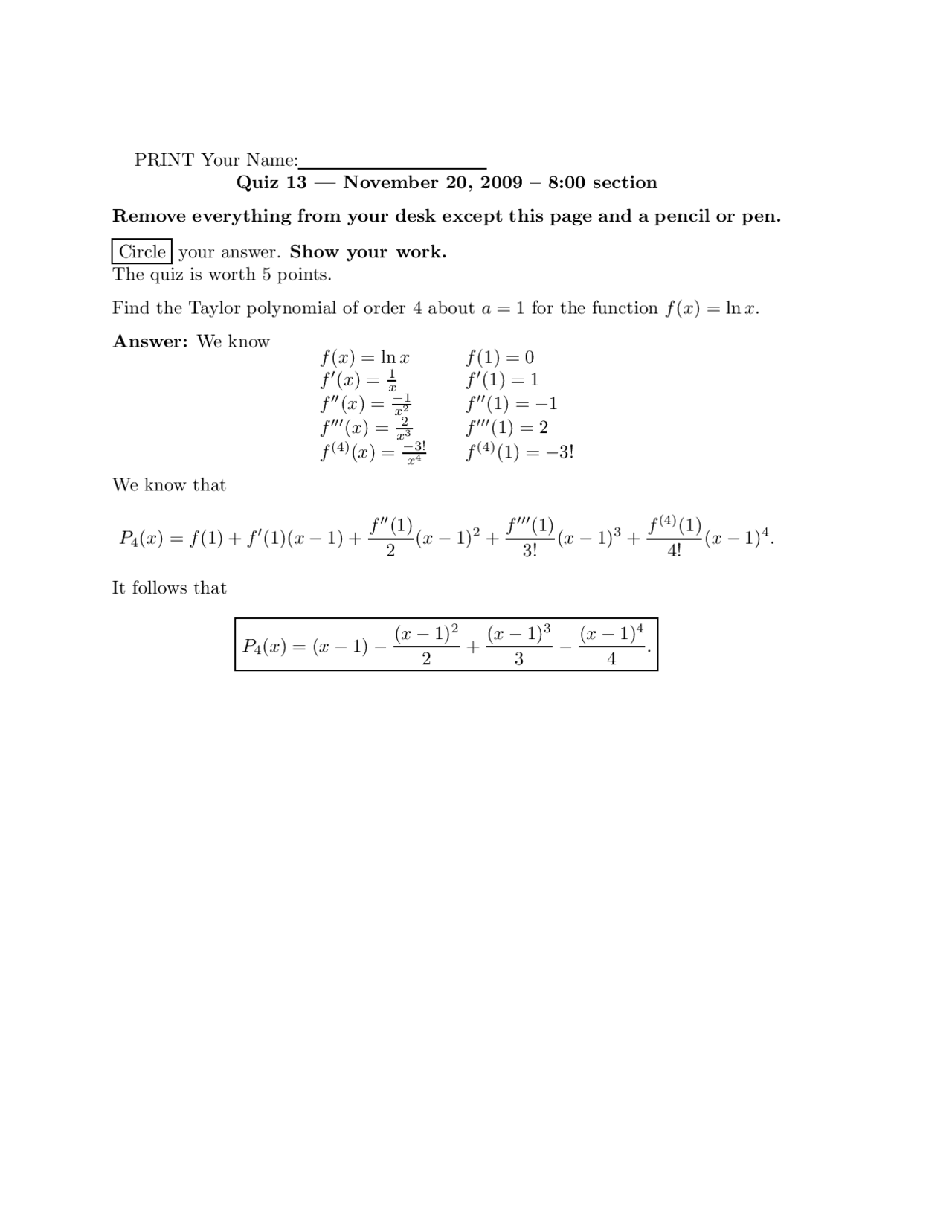 Solutions for Quiz 13 -Fall 2009 - Calculus II | MATH 142 | Quizzes Mathematics | Docsity