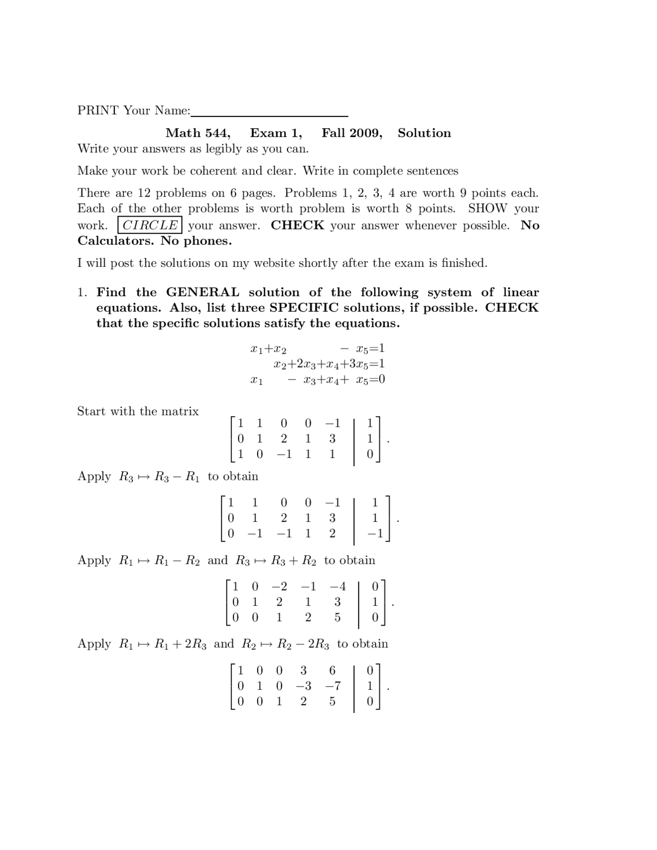Old Exam 1 With Solutions Linear Algebra Math 544 Docsity