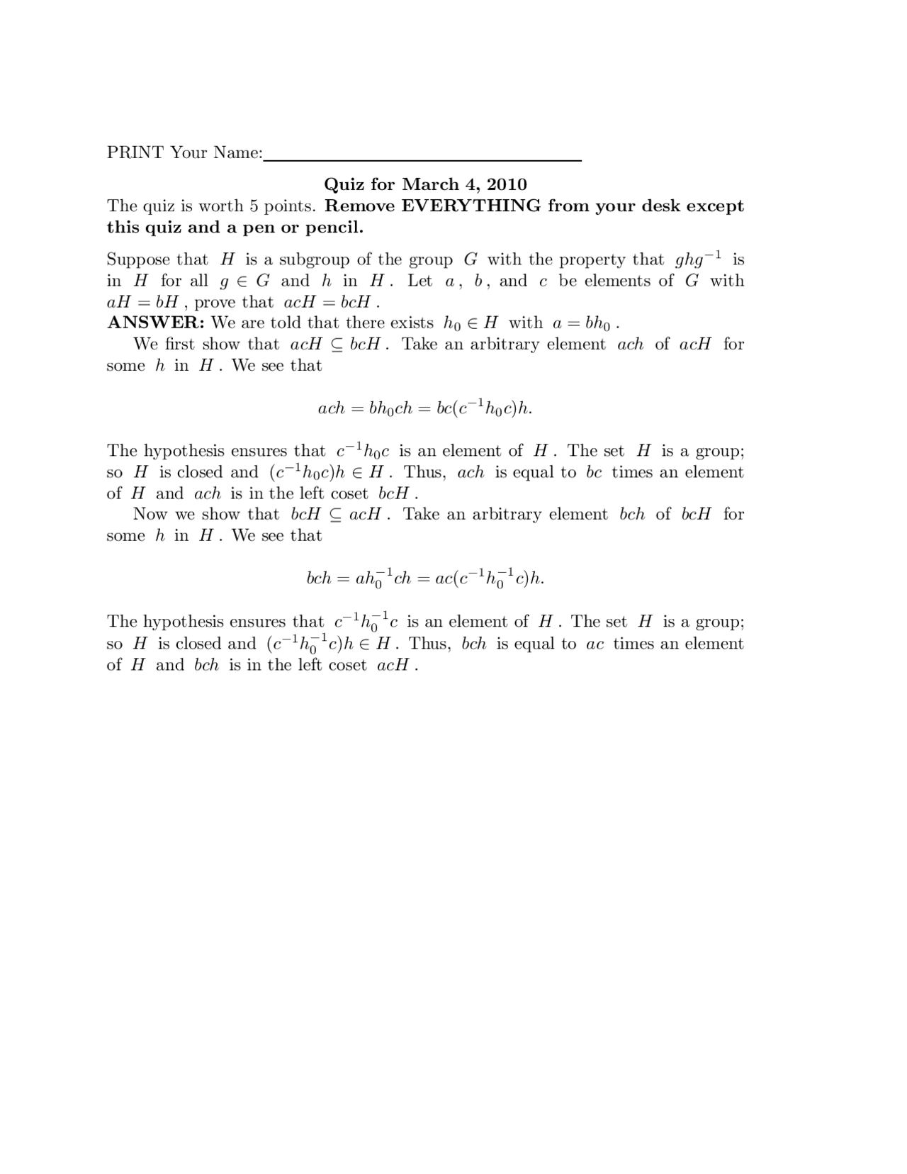 Test 6 with Solution for Algebraic Structures I - 2010 | MATH 546 ...