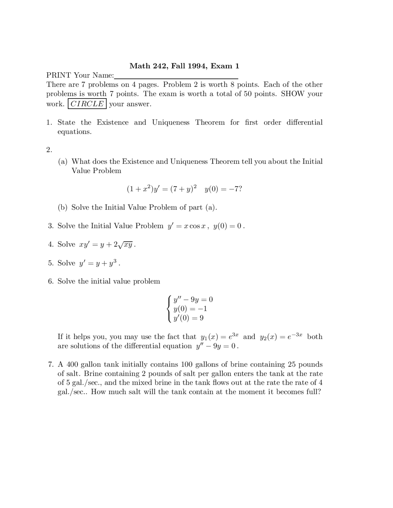Solved Exam 1 For Elementary Differential Equations Math 242 Docsity